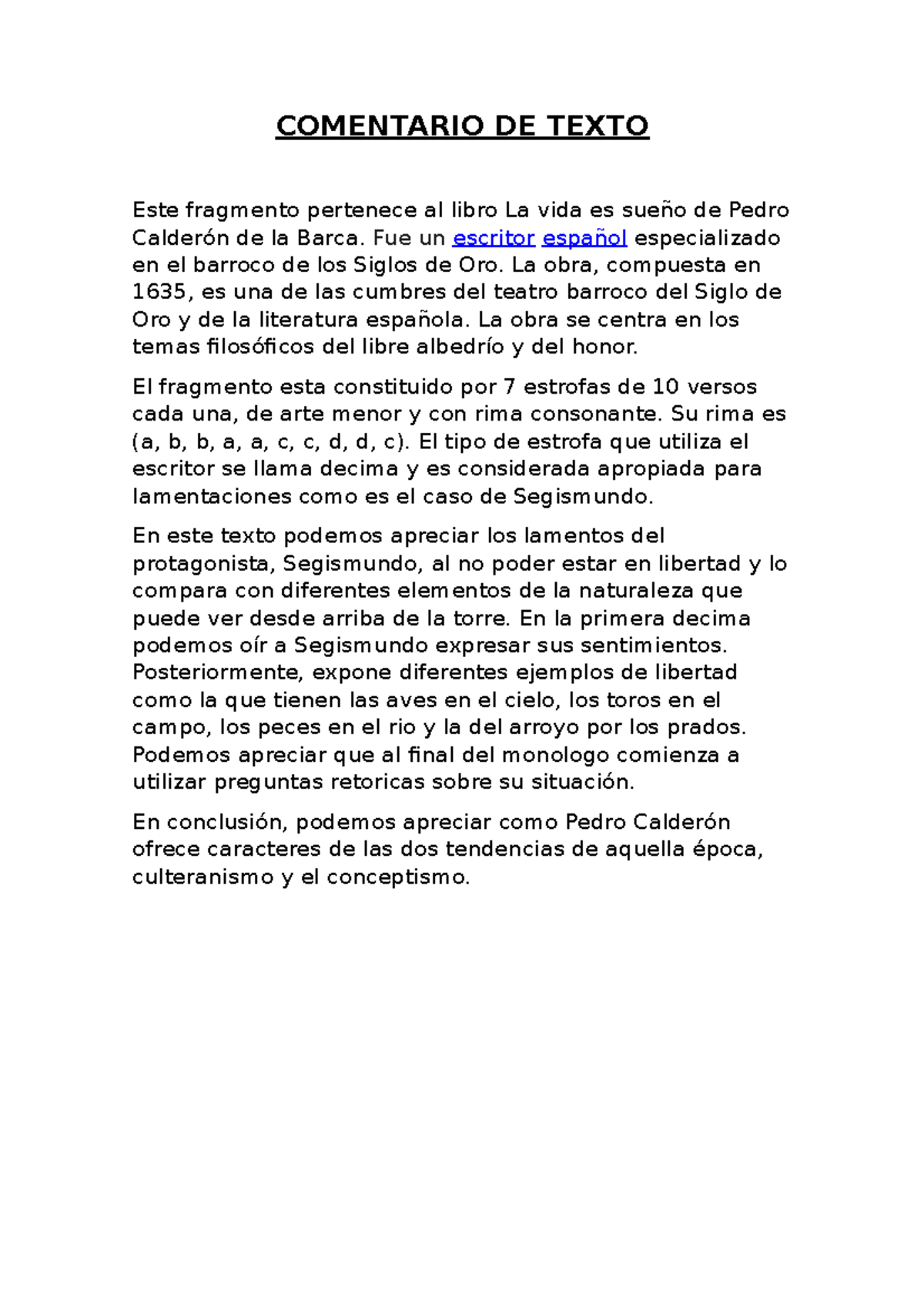 Comentario Monologo Segismundo - COMENTARIO DE TEXTO Este fragmento ...