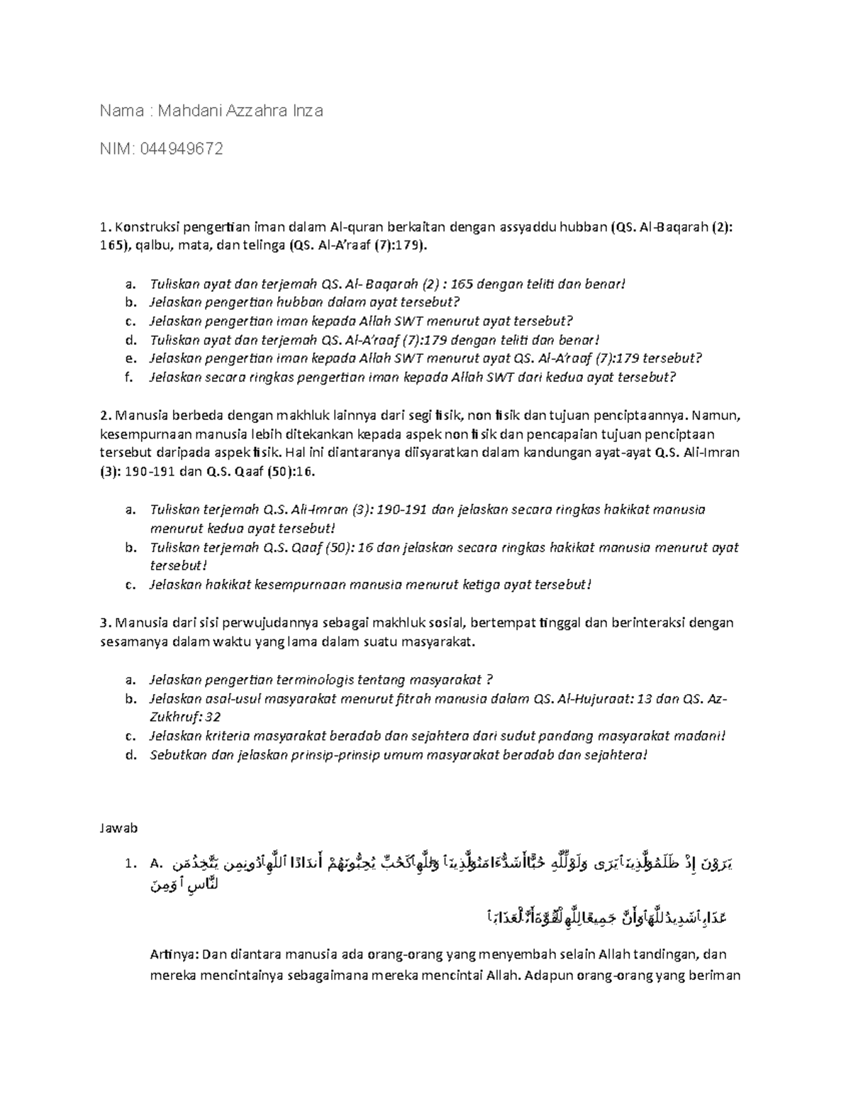 Agama islam - tugas 1 - Nama : Mahdani Azzahra Inza NIM: 044949672 Konstruksi pengertian iman ...