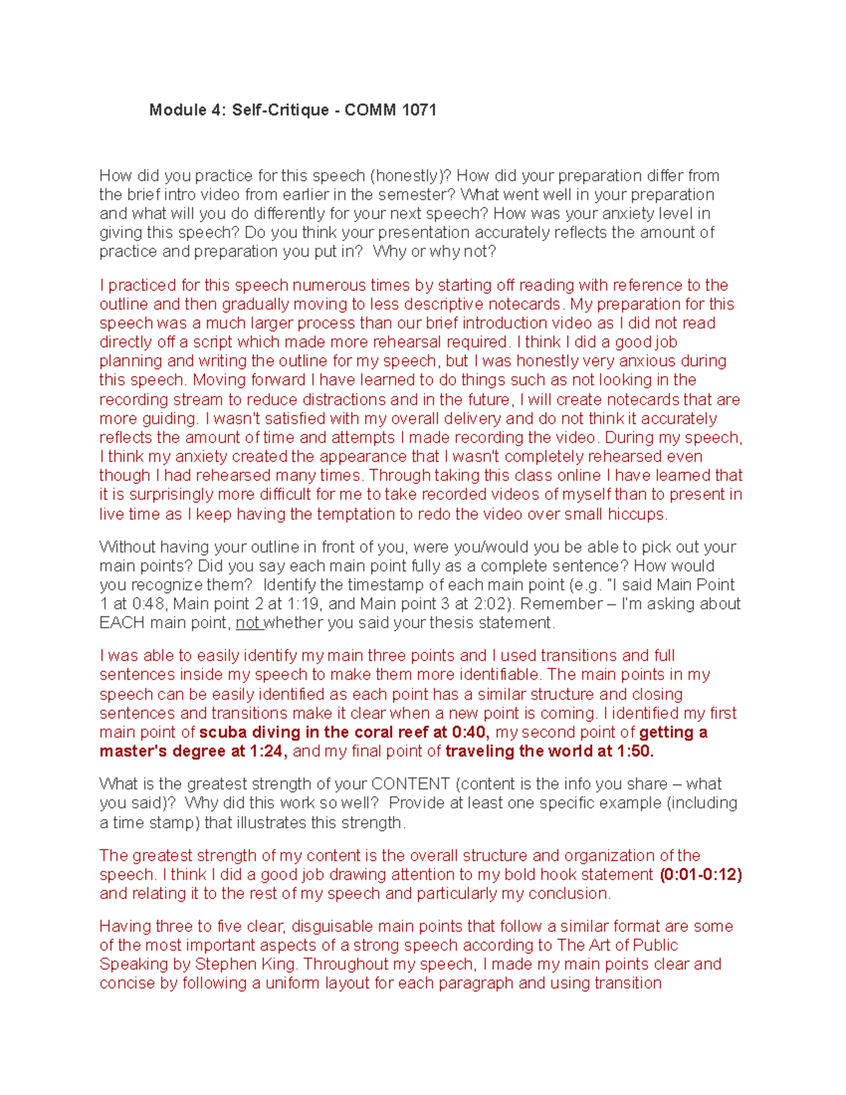 Module 4 Self-Critique - Module 4: Self-Critique - COMM 1071 How did ...