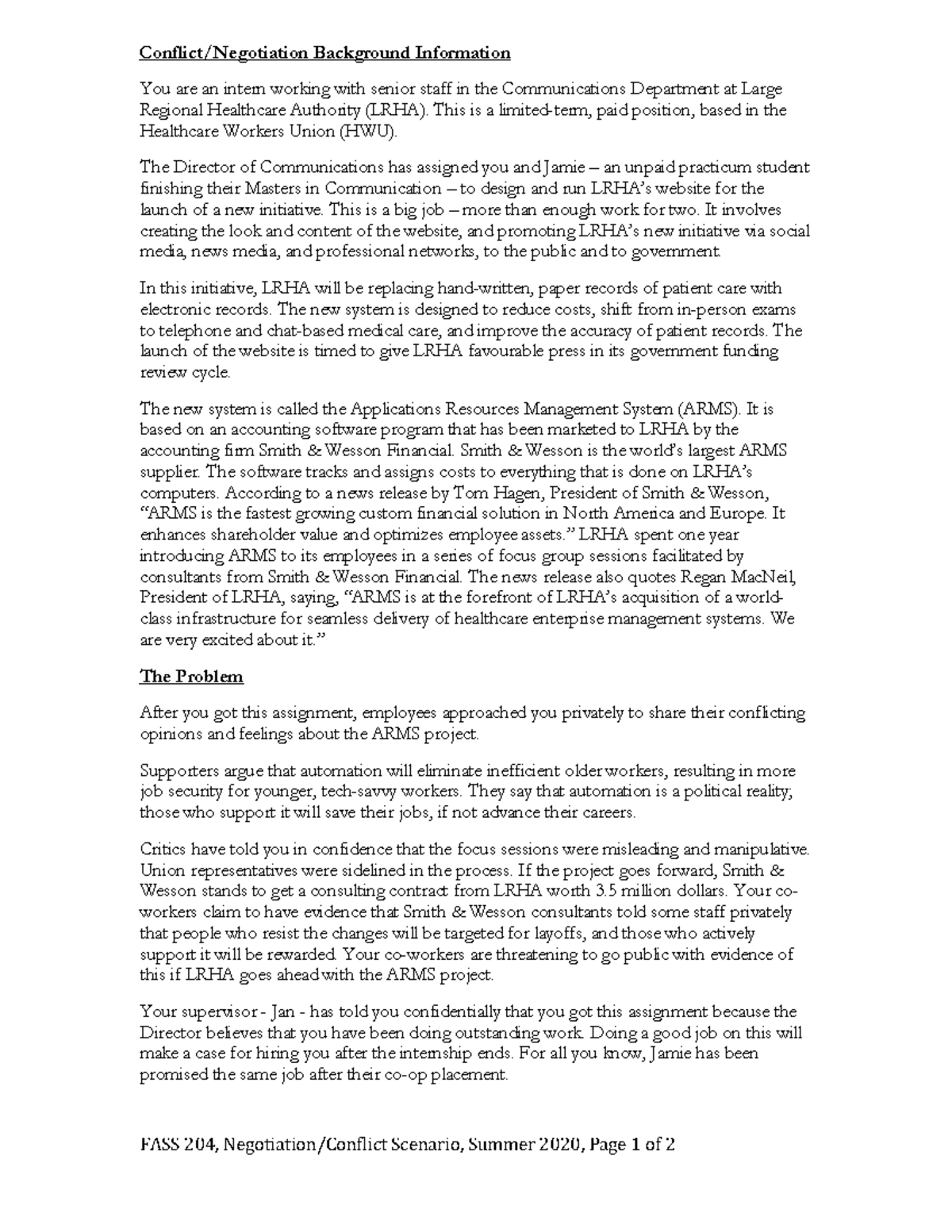Case Study - Assignment 2 - FASS 204 , Negotiation/Conflict Scenario ...