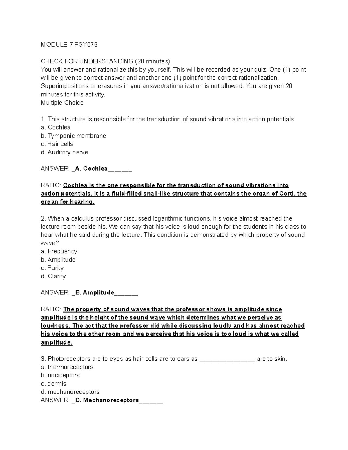 Module 7 PSY079 - MODULE 7 PSY CHECK FOR UNDERSTANDING (20 minutes) You ...