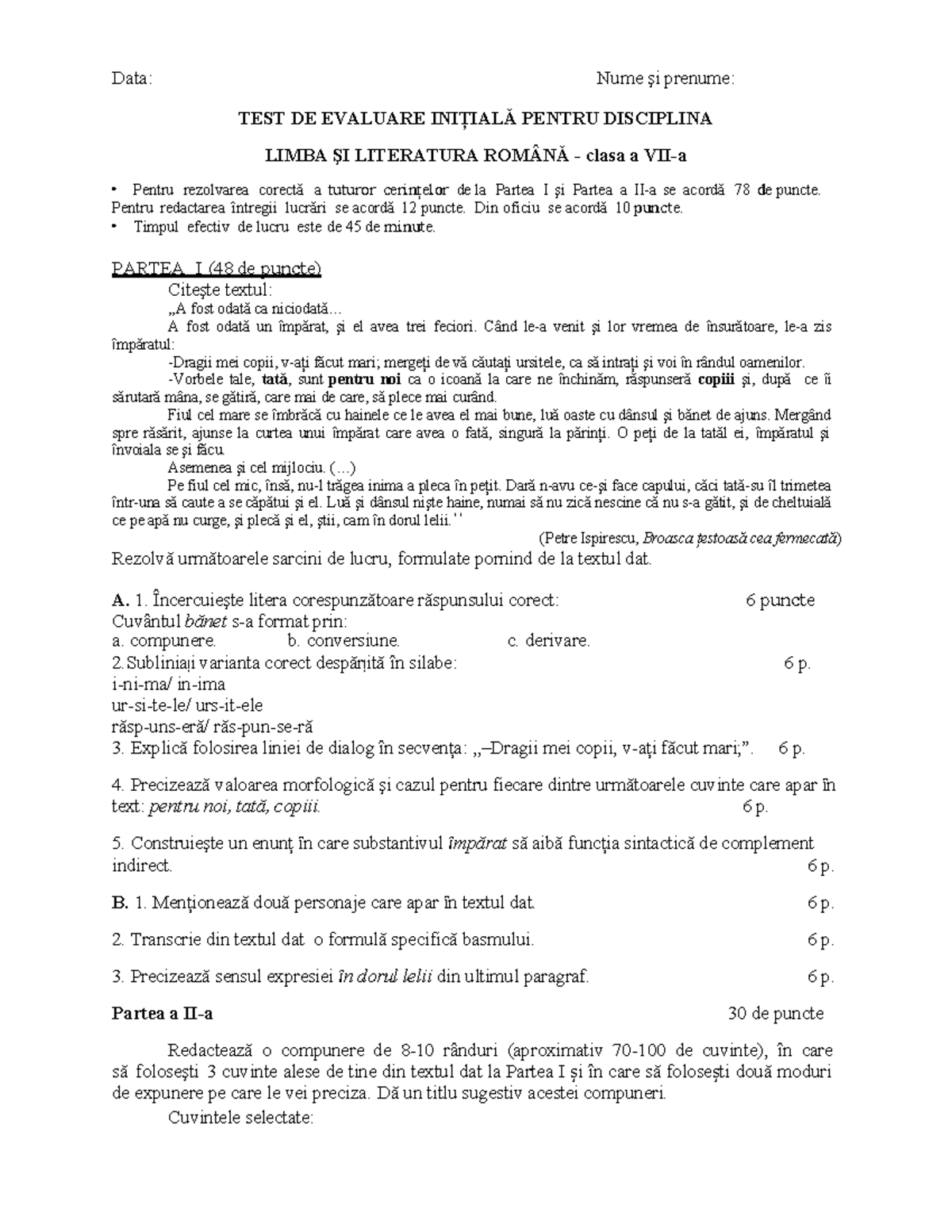 7A test initial - Data: Nume şi prenume: TEST DE EVALUARE INIŢIALĂ ...