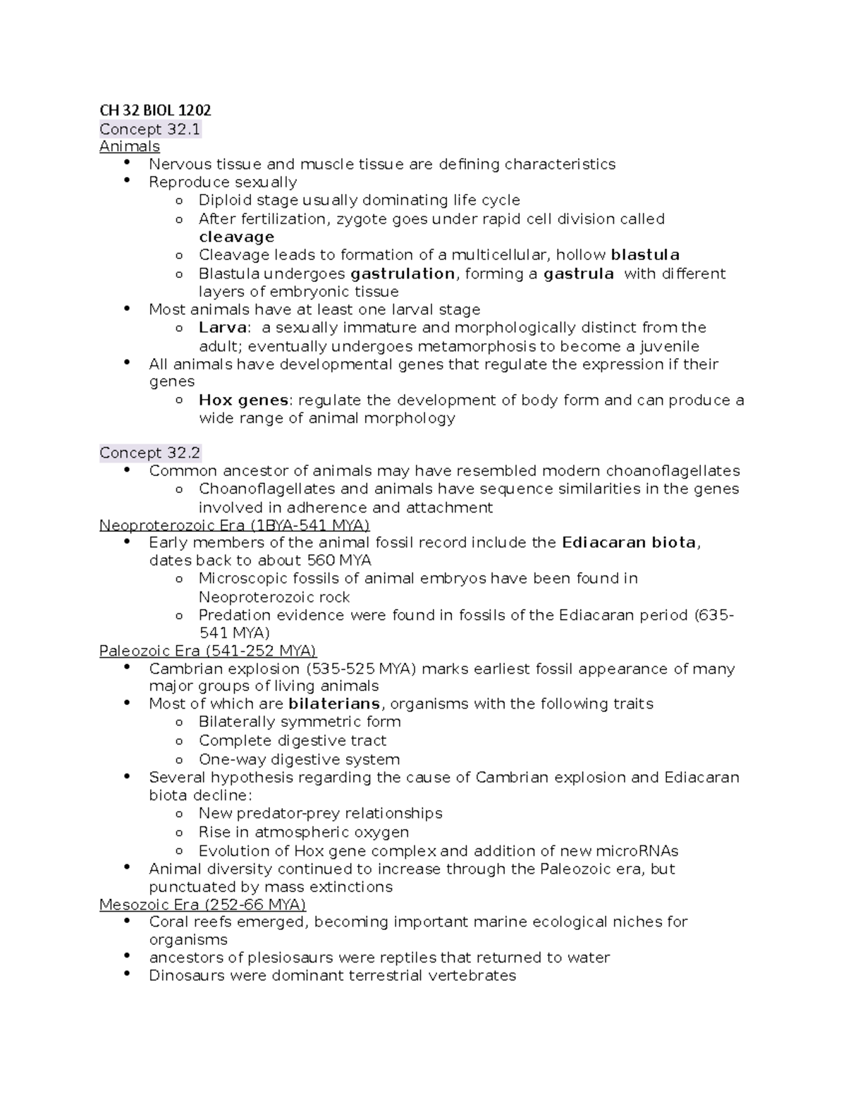 CH 32 BIOL 1202 - Notes on Ch 32 for Exam 4 - CH 32 BIOL 1202 Concept ...