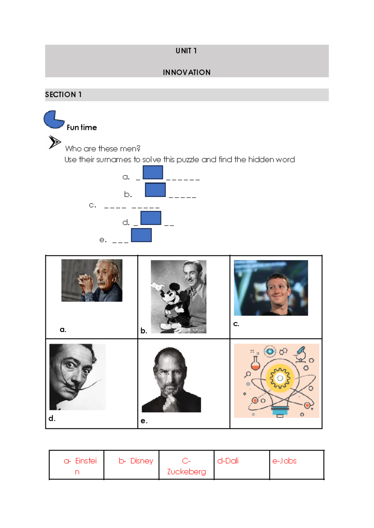 UNIT 1 Section 1 KEY - UNIT 1 INNOVATION SECTION 1 Fun time Who are these men? Use their ...
