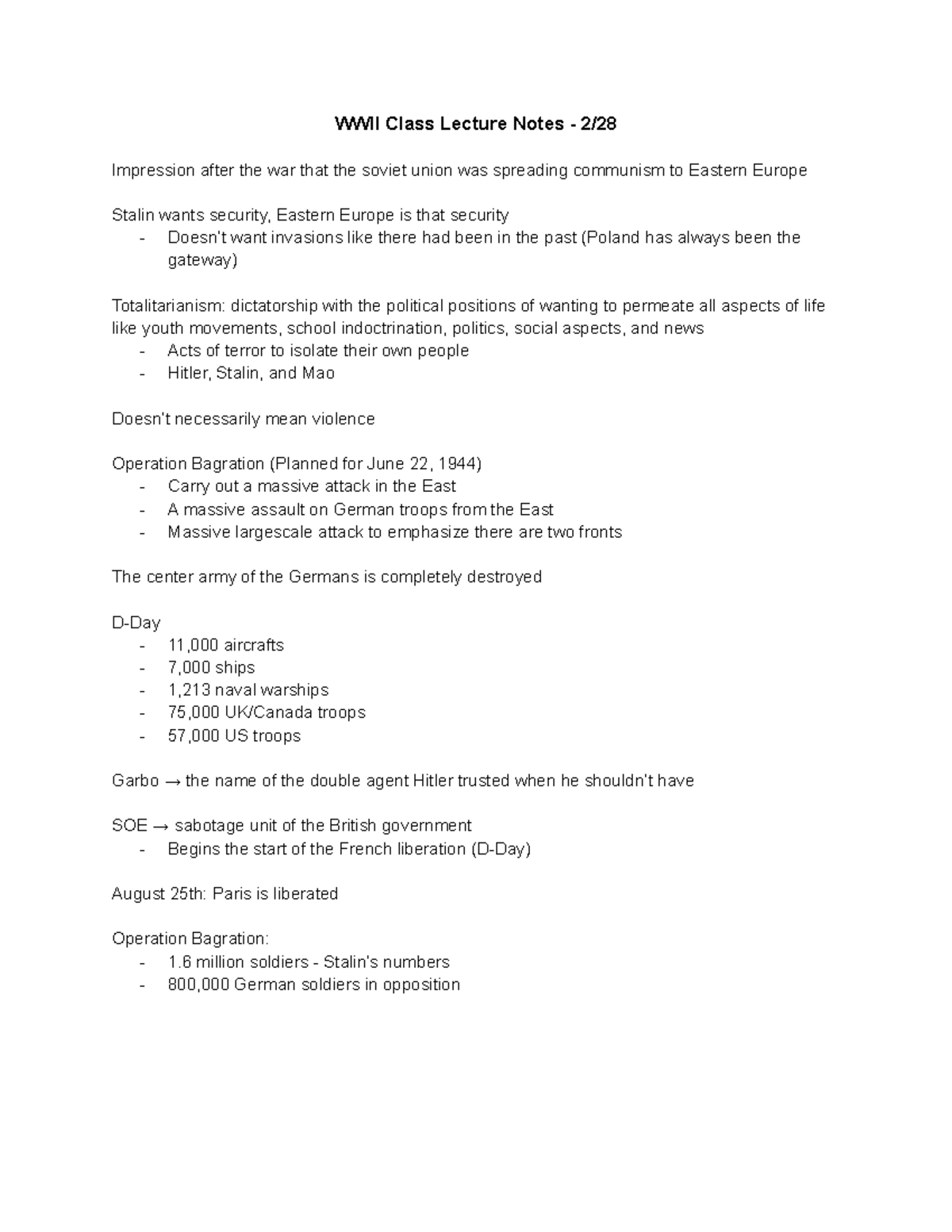 Class Notes - 2/28 - WWII Class Lecture Notes - 2/ Impression after the ...