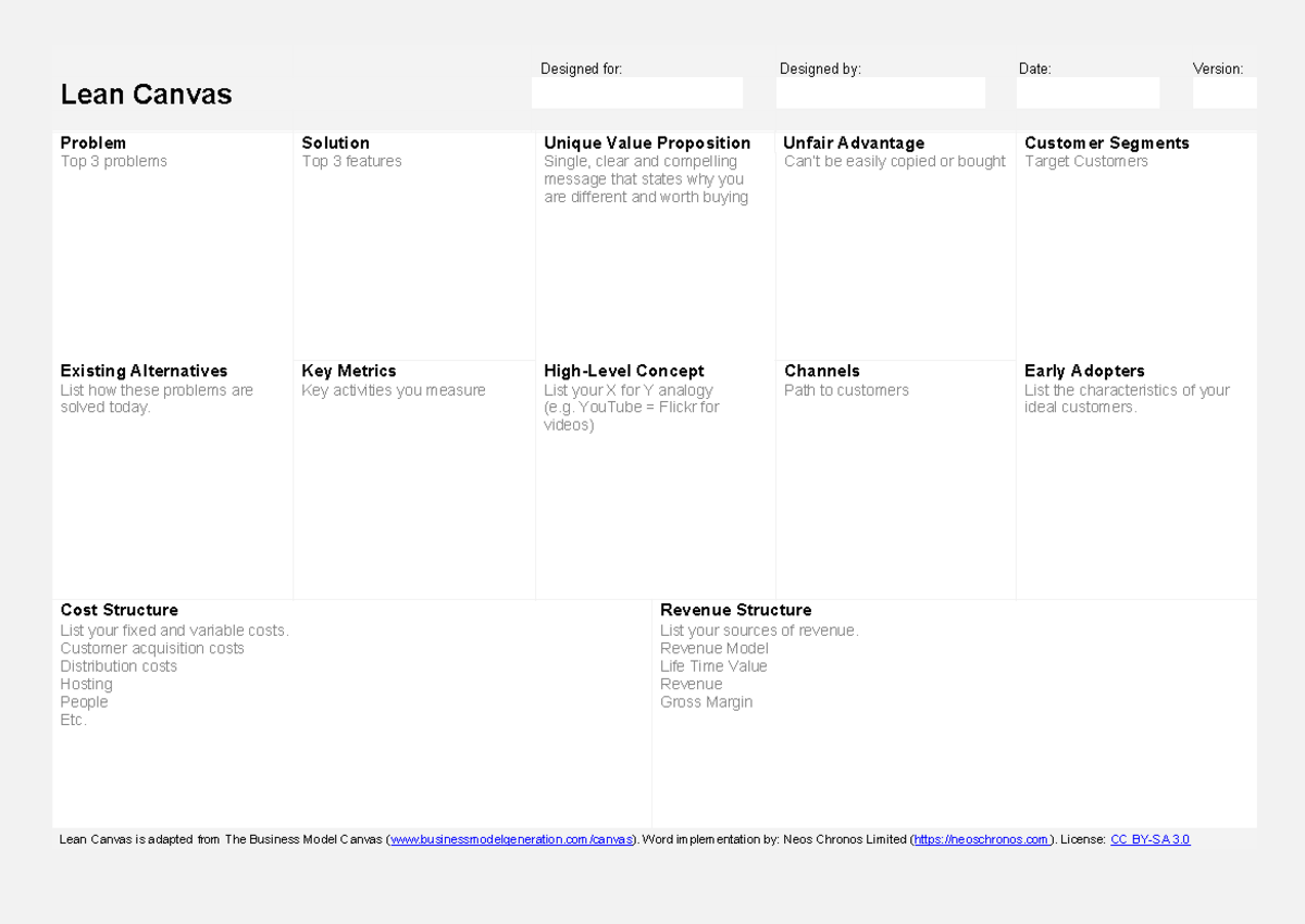 Lean-canvas-1 - Lean canvas format - Designed for: Designed by: Date ...