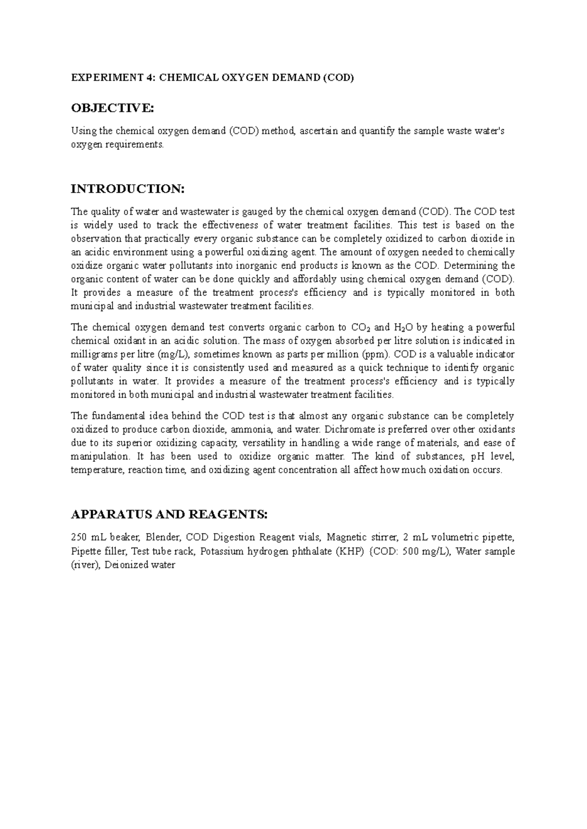 CMT570 LAB Report EXP 4: CHEMICAL OXYGEN DEMAND (COD) - EXPERIMENT 4 ...