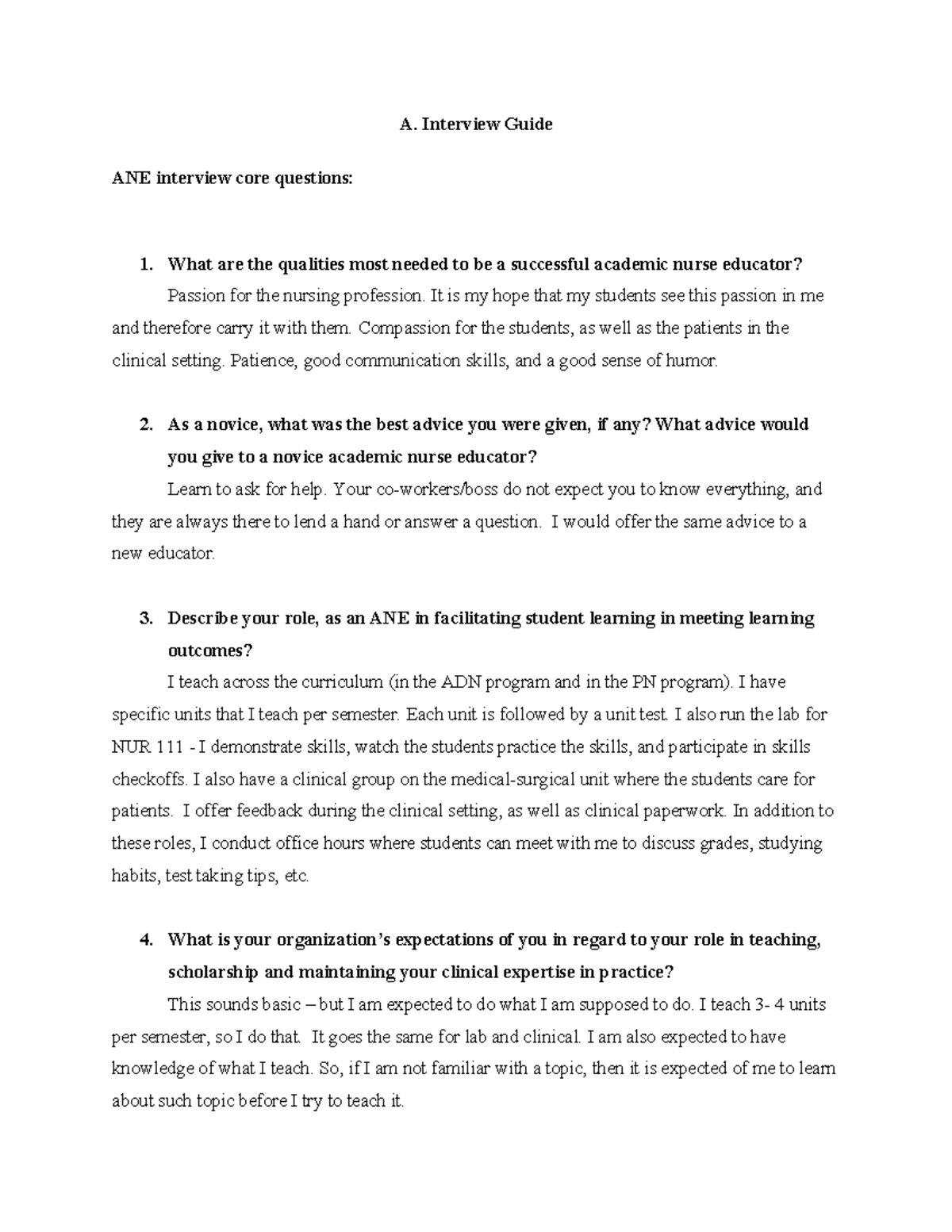Answered Interview Guide - A. Interview Guide ANE interview core ...