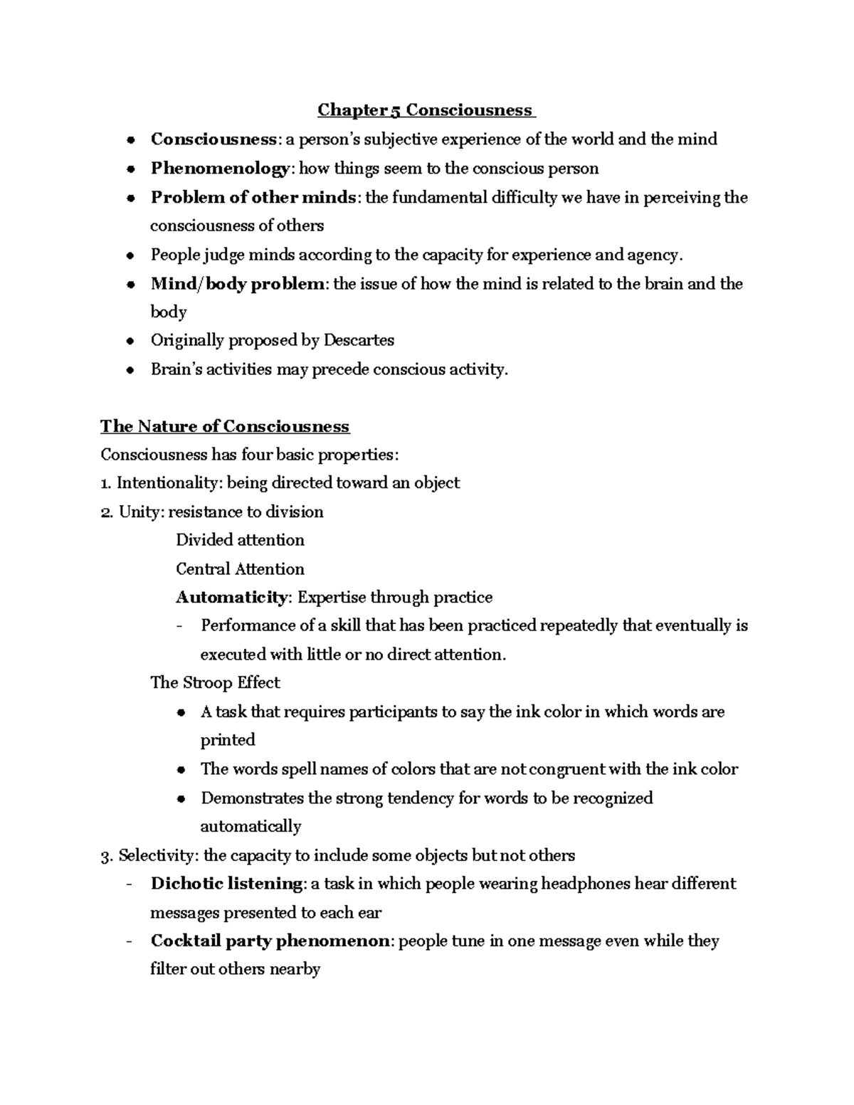 PSY 0010 Chapter 5 notes - Chapter 5 Consciousness Consciousness: a ...