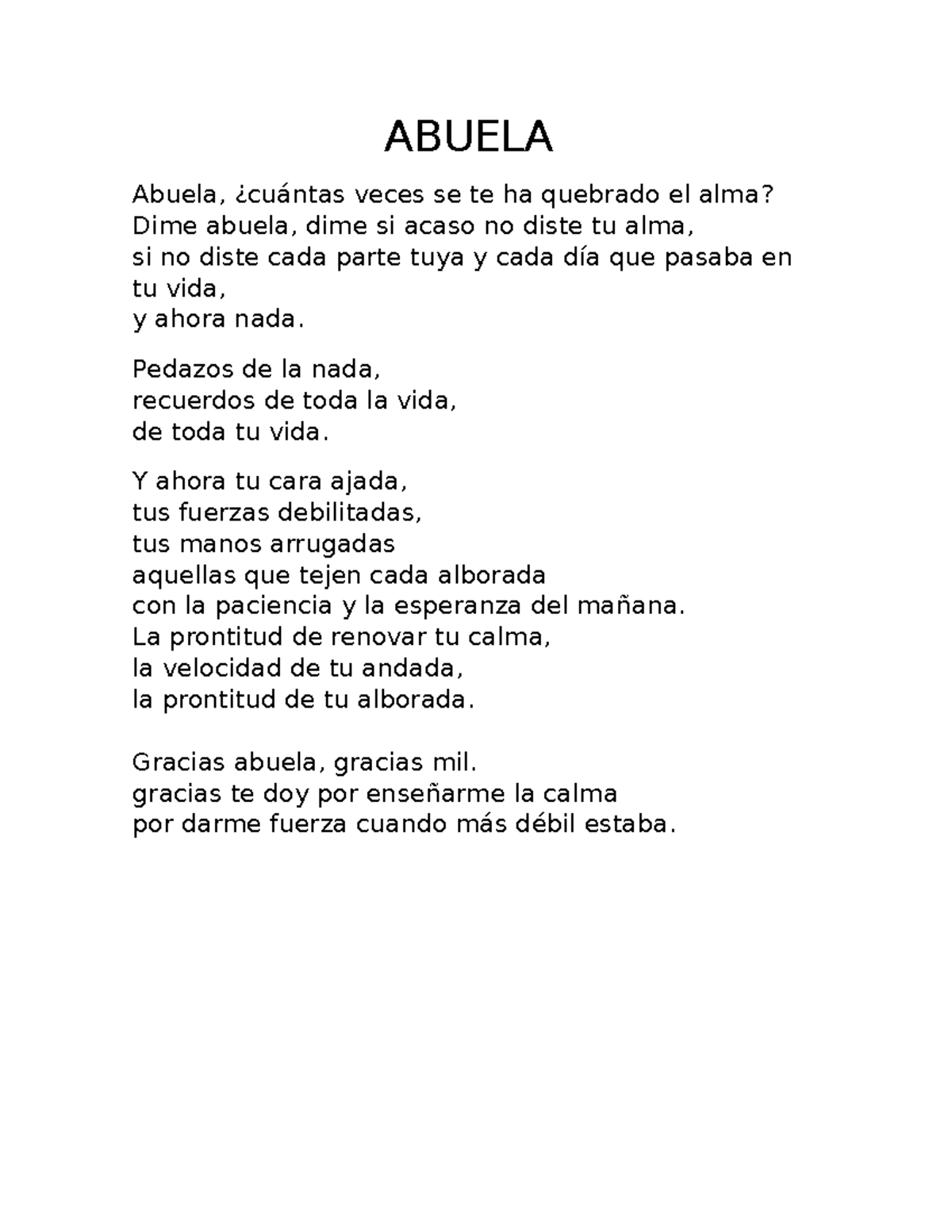 Octavo Poema Español Abuela - ABUELA Abuela, ¿cuántas veces se te ha ...