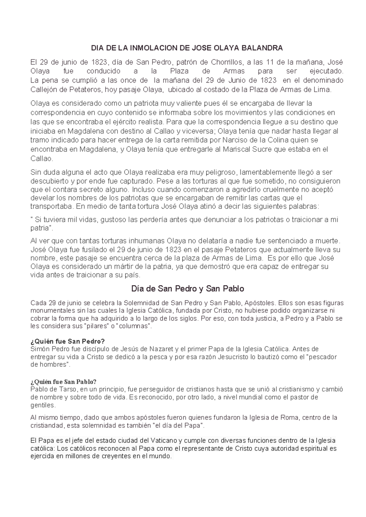 DIA DE LA Inmolacion DE JOSE Olaya Balandra - DIA DE LA INMOLACION DE ...