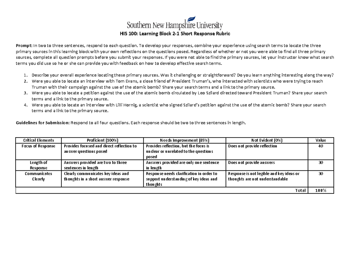 His 100 learning block 2-1 short response rubric - HIS 100: Learning ...