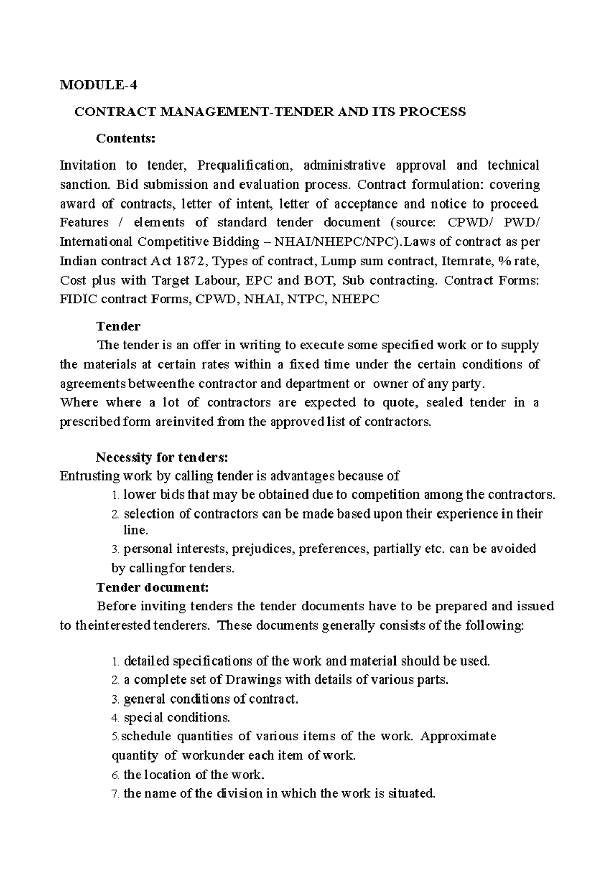 ESTIMATION AND COSTING - MODULE- CONTRACT MANAGEMENT-TENDER AND ITS ...