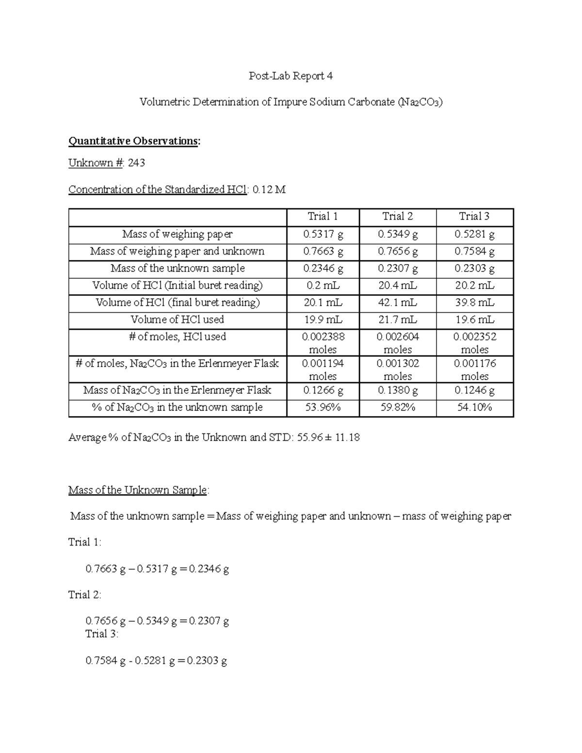 Post Lab Report 4 - Post-Lab Report 4 Volumetric Determination of Impure Sodium Carbonate (Na 2 ...