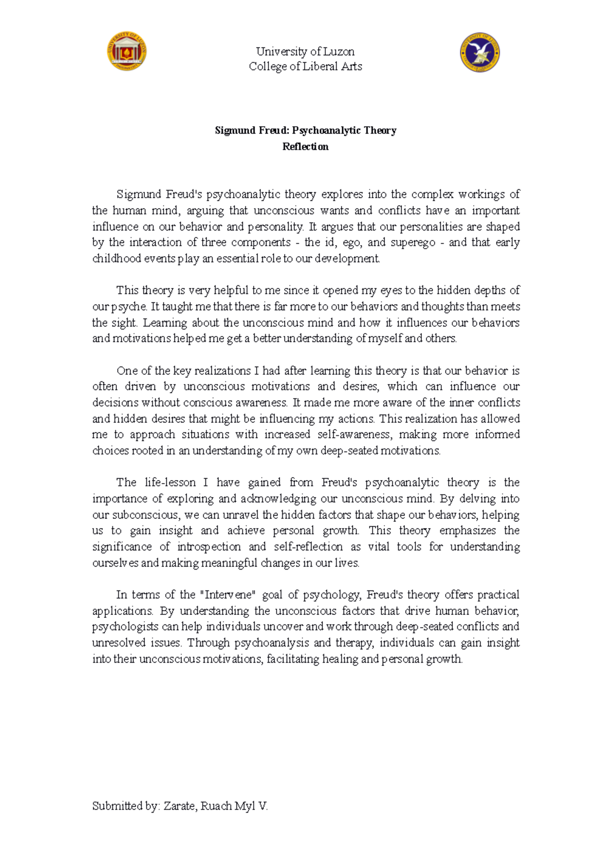 Theories OF Personality Reflection Paper - College of Liberal Arts ...