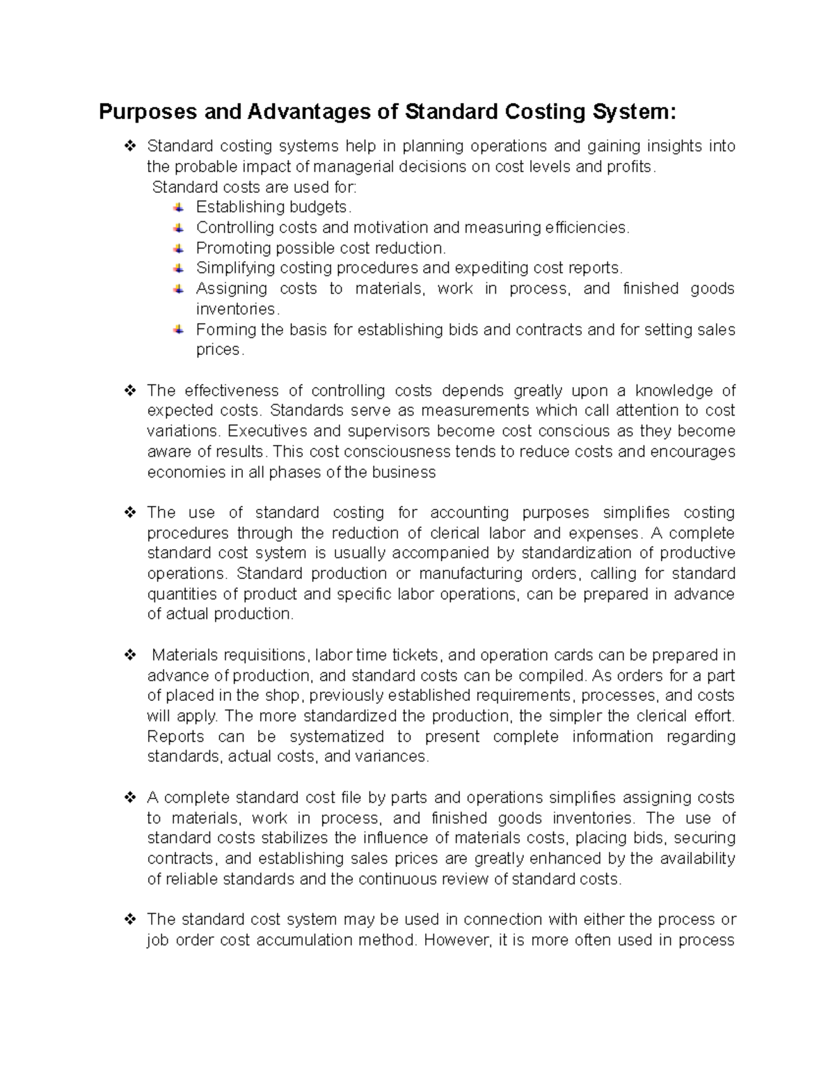 Purposes And Advantages Of Standard Costing System Standard Costing And