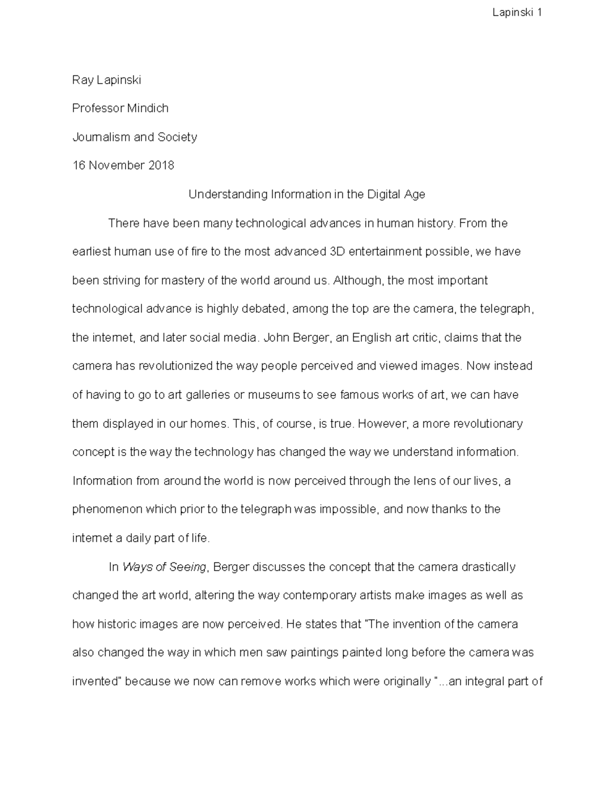Copy of Journalism Essay (draft) - Lapinski 1 Ray Lapinski Professor ...