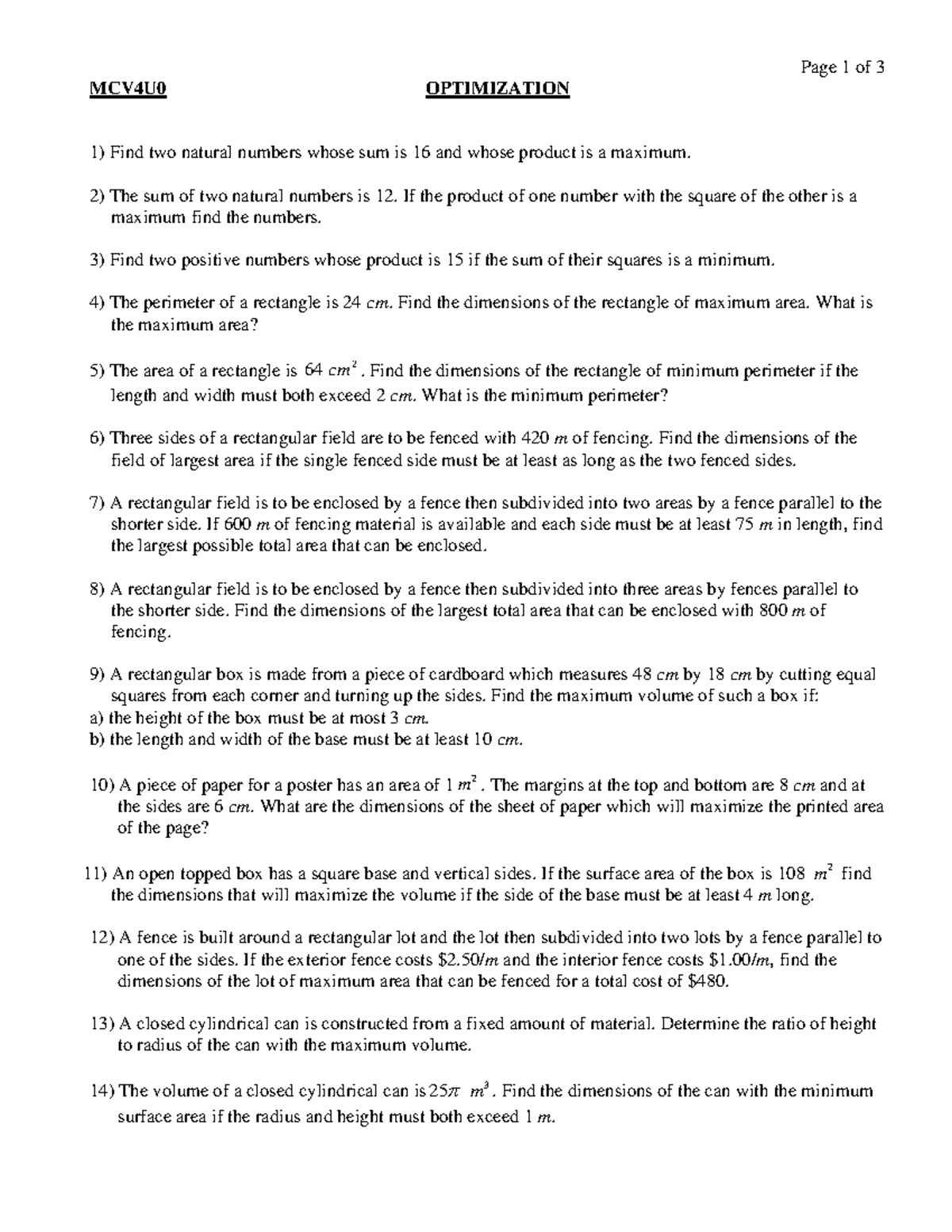 Optimization Worksheet - Page 1 of 3 MCV4U0 OPTIMIZATION Find two ...