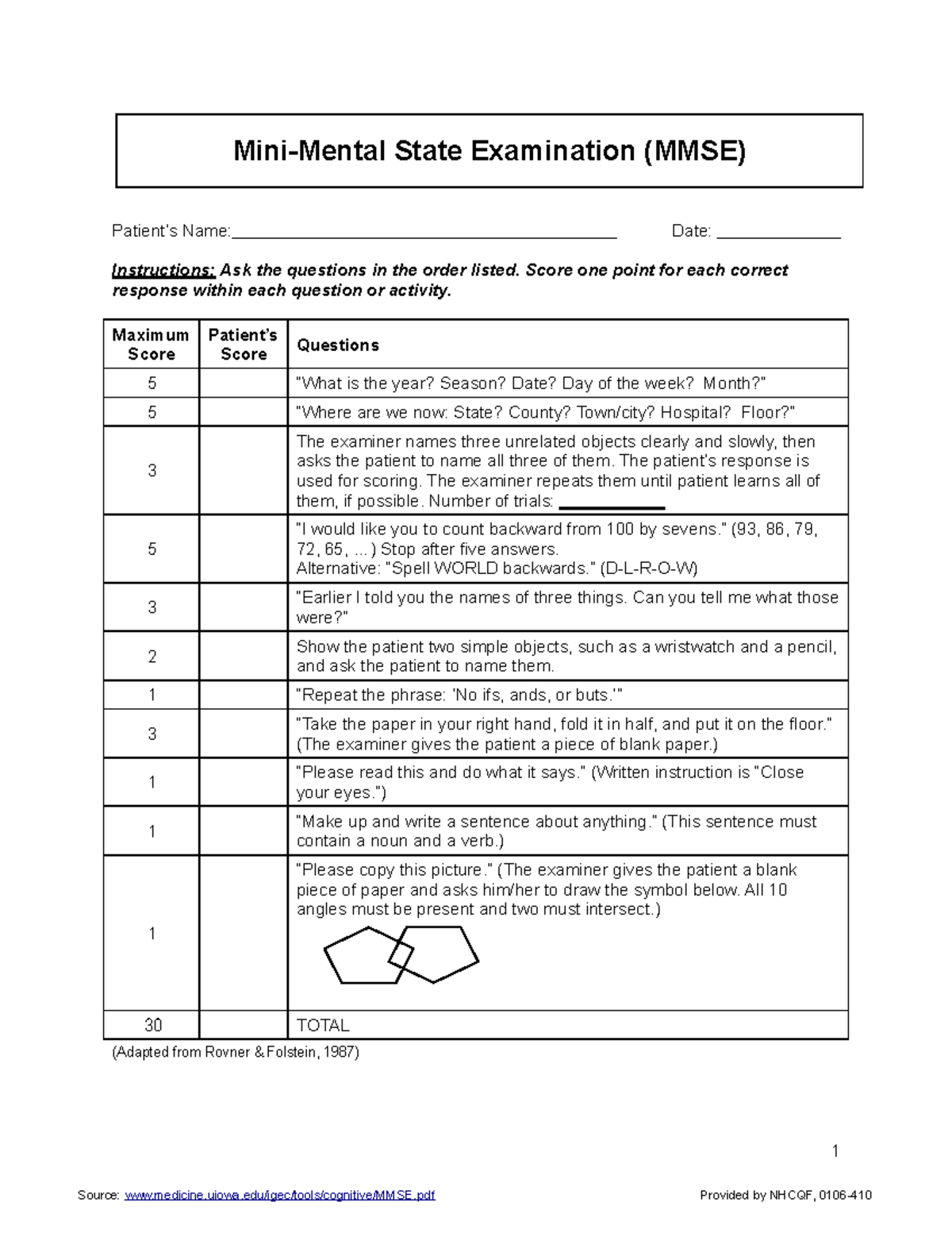 Mini Mental State Exam tcm18-169319 - Source: medicine.uiowa/igec/tools ...