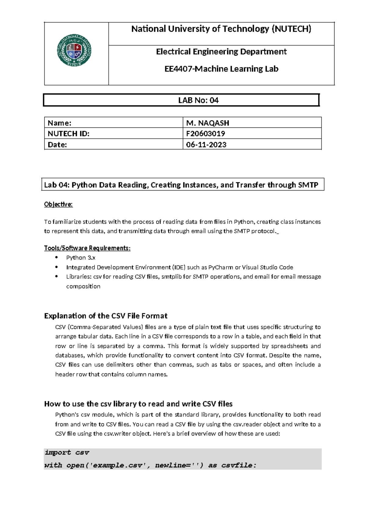 Lab04-ML - Lecture Notes - Electrical Engineering Department EE4407 ...