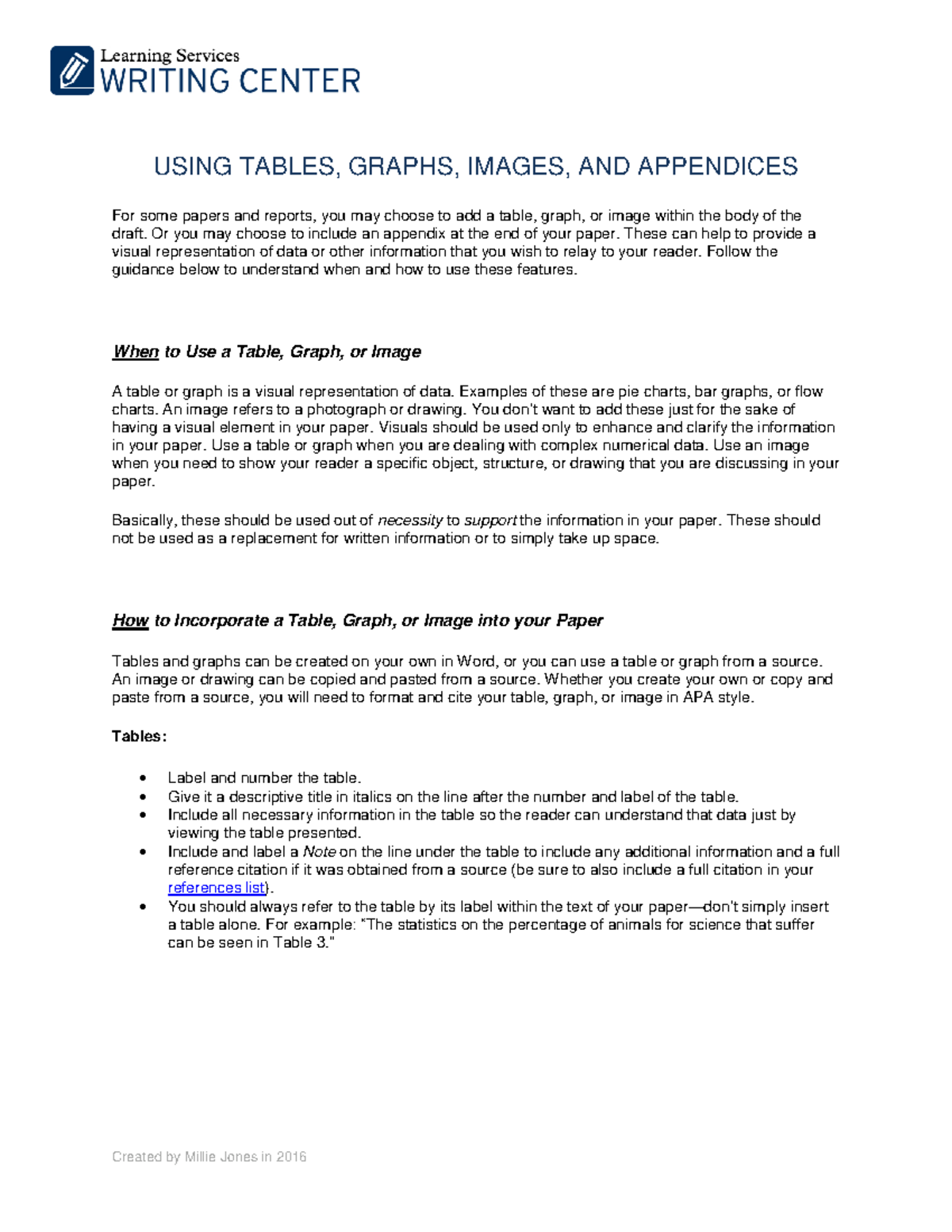 Using Tables Graphs Images Appendices - Created by Millie Jones in 2016 ...