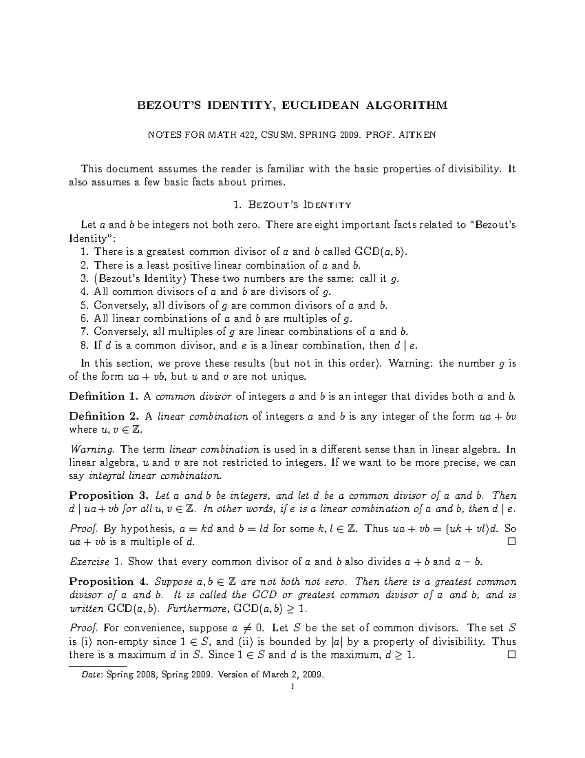 MATH 422, CSUSM. SPRING 2009. PROF. AITKEN - BEZOUT’S IDENTITY ...