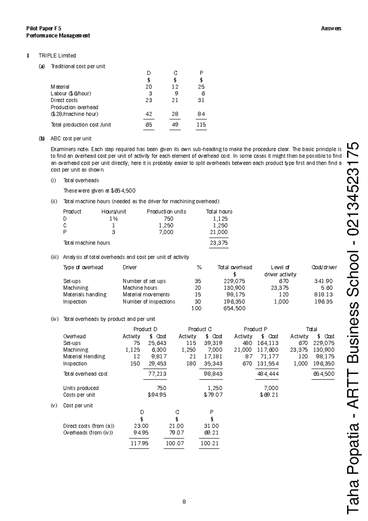 F5 Past Exam Answers - Pilot Paper F5 Answers Performance Management 1 ...