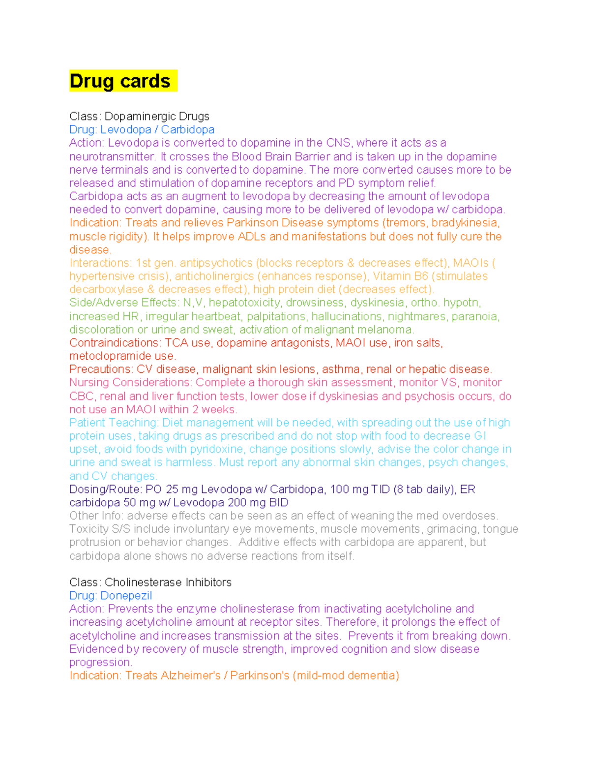 Exam 1 key concepts - Pharm - Drug cards Class: Dopaminergic Drugs Drug ...