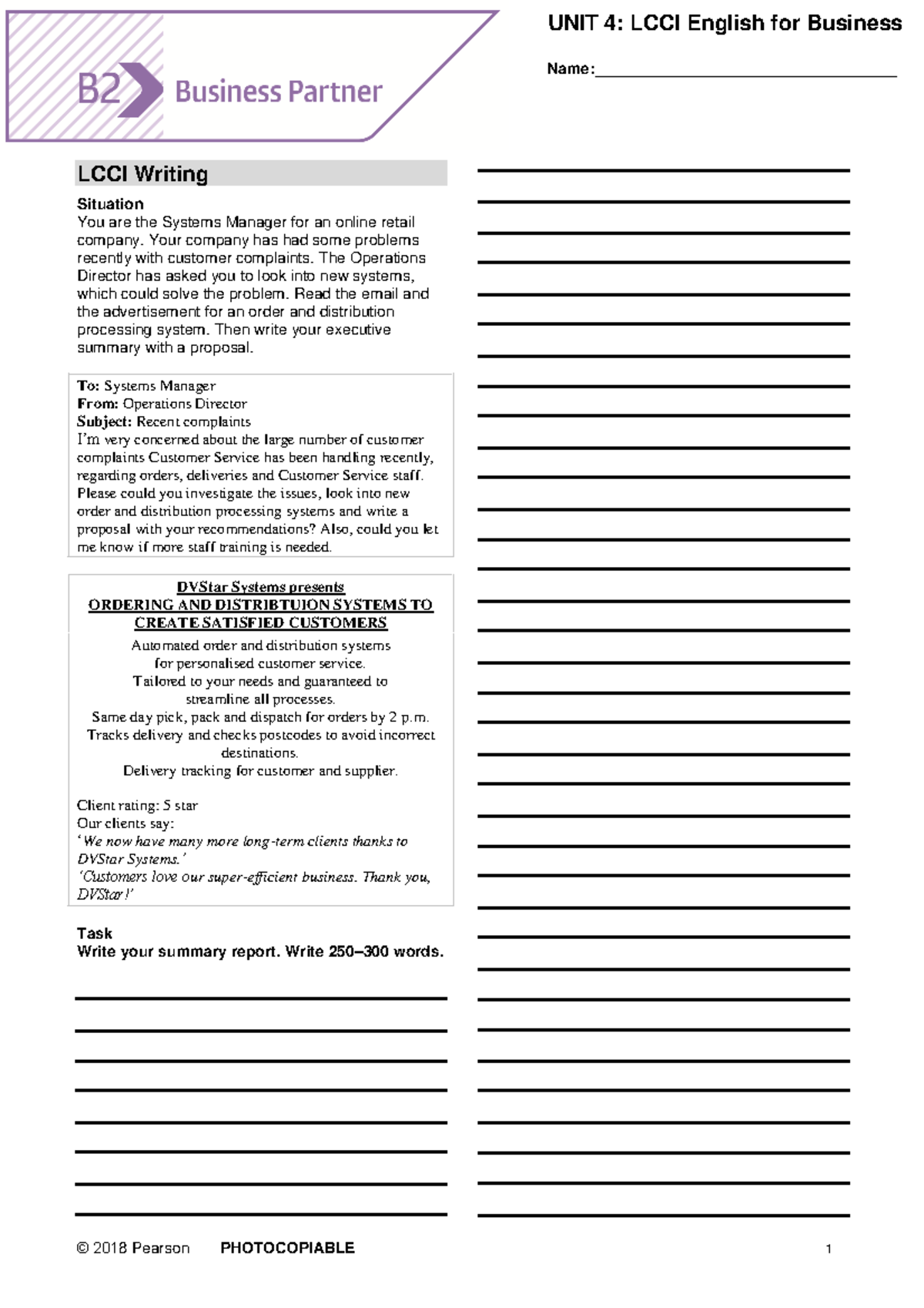 BP B2 Tests Unit4 LCCI - © 2018 Pearson PHOTOCOPIABLE 1 UNIT 4: LCCI ...