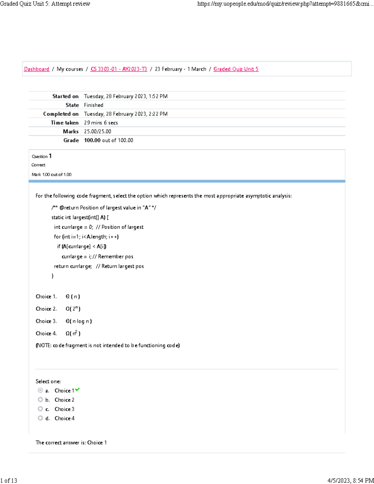 CS 330_ Graded Quiz Unit 5 Attempt review - Started on Tuesday, 28 February 2023, 1:52 PM State ...