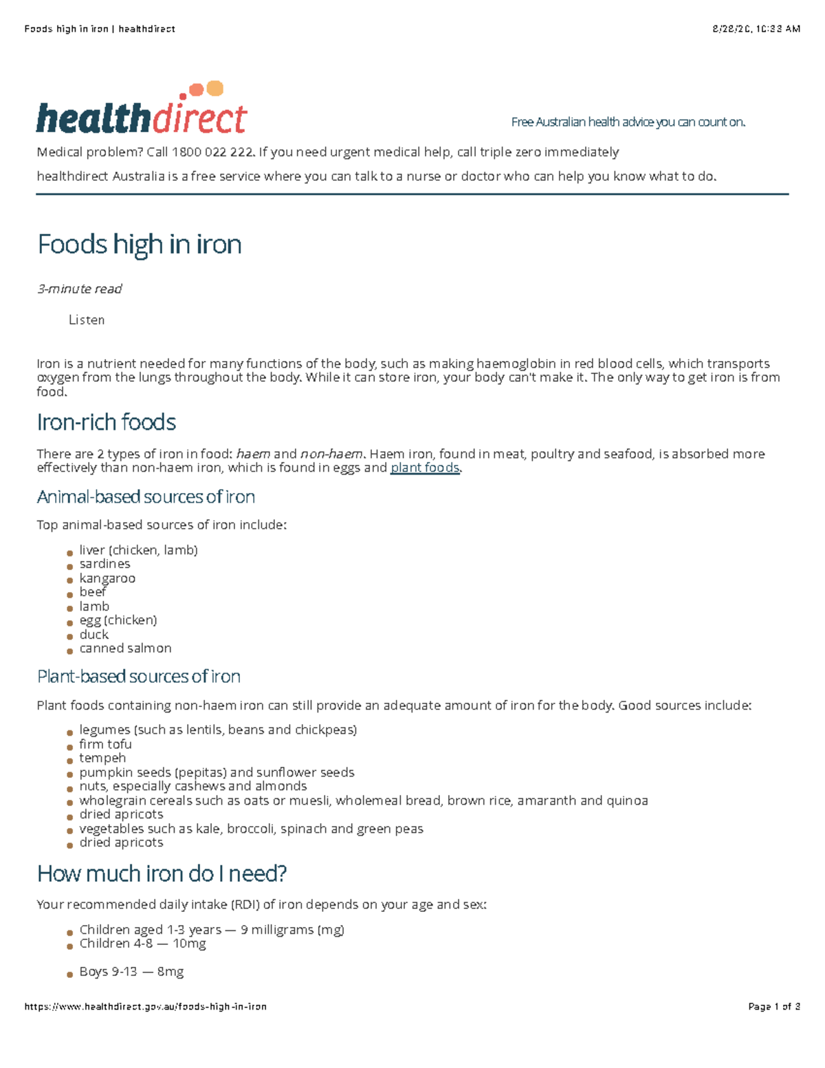 Foods high in iron healthdirect - Foods high in iron | healthdirect 8 ...