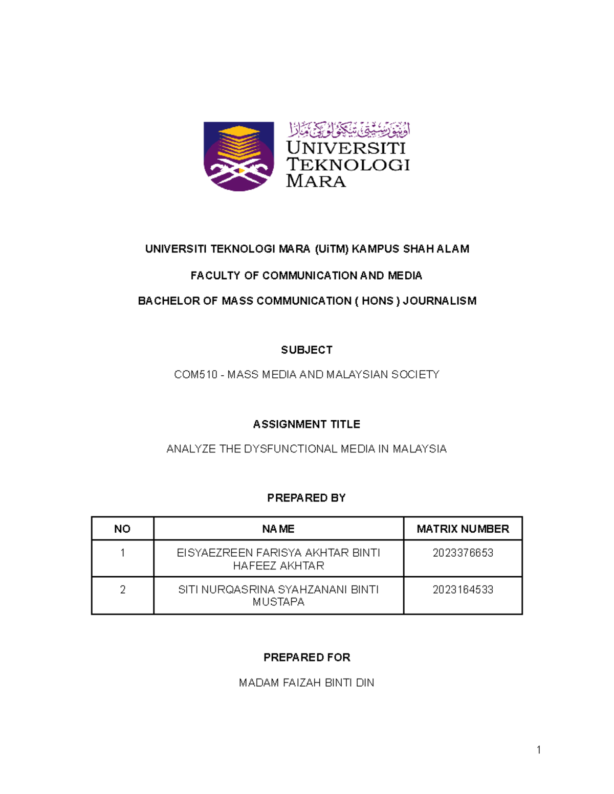 Term Paper (Mass Media) - UNIVERSITI TEKNOLOGI MARA (UiTM) KAMPUS SHAH ...