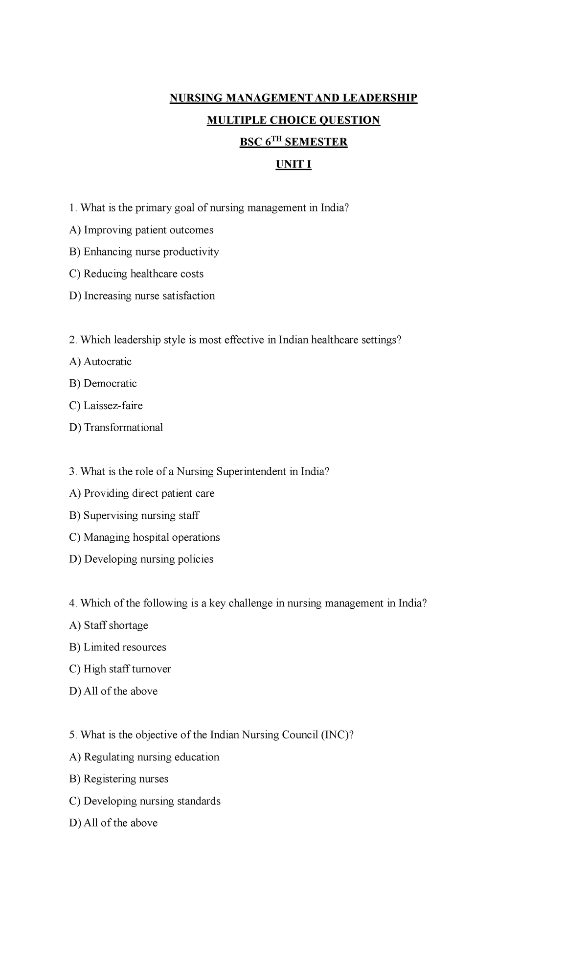 nursing management multiple choice questions - NURSING MANAGEMENT AND ...