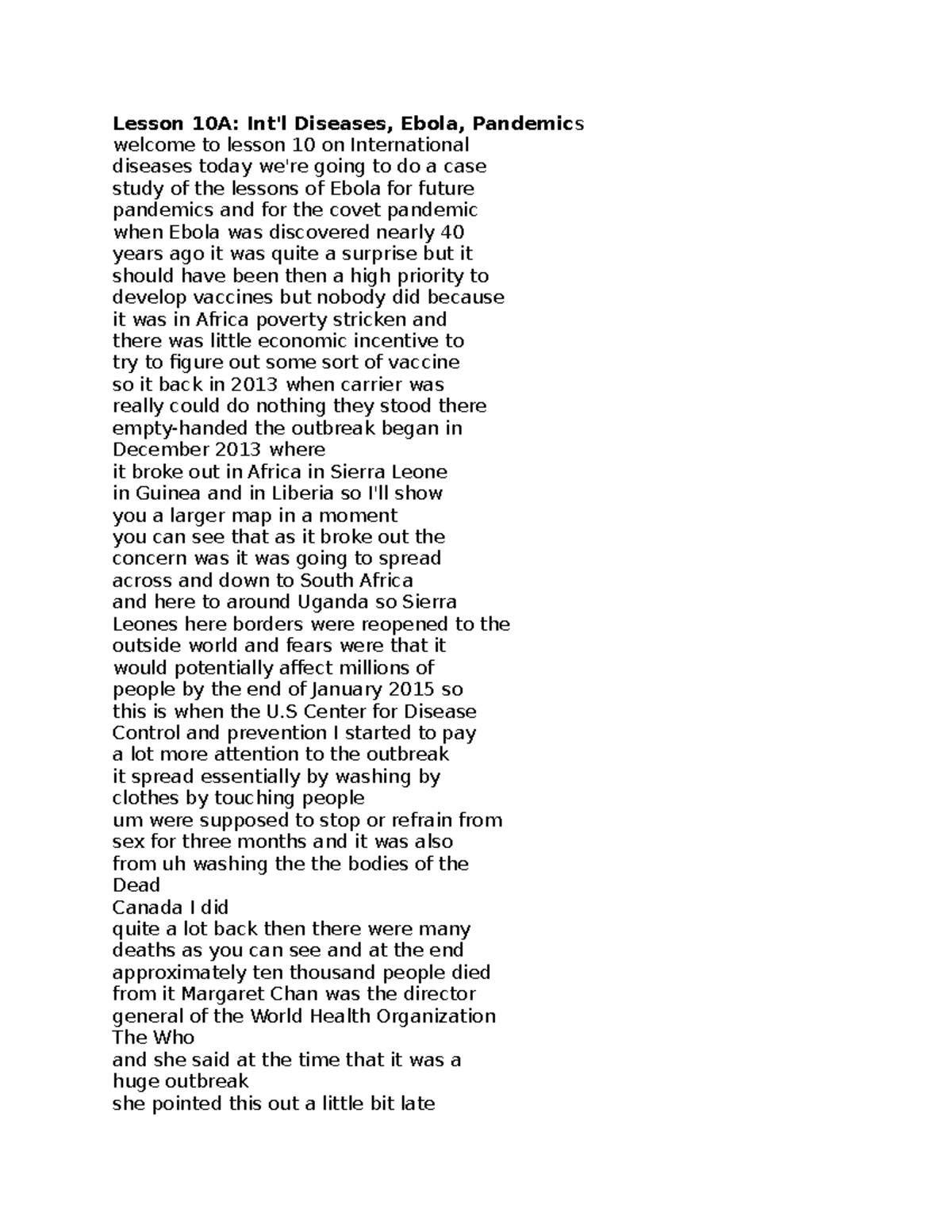 Lesson 10 Transcripts - Lesson 10A: Int'l Diseases, Ebola, Pandemics ...