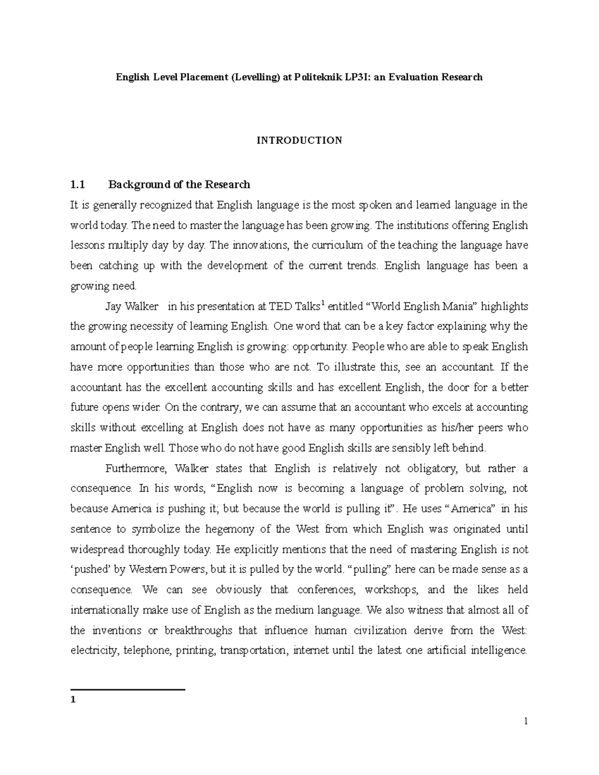 English Level Placement (Levelling) at Politeknik LP3I - The need to ...