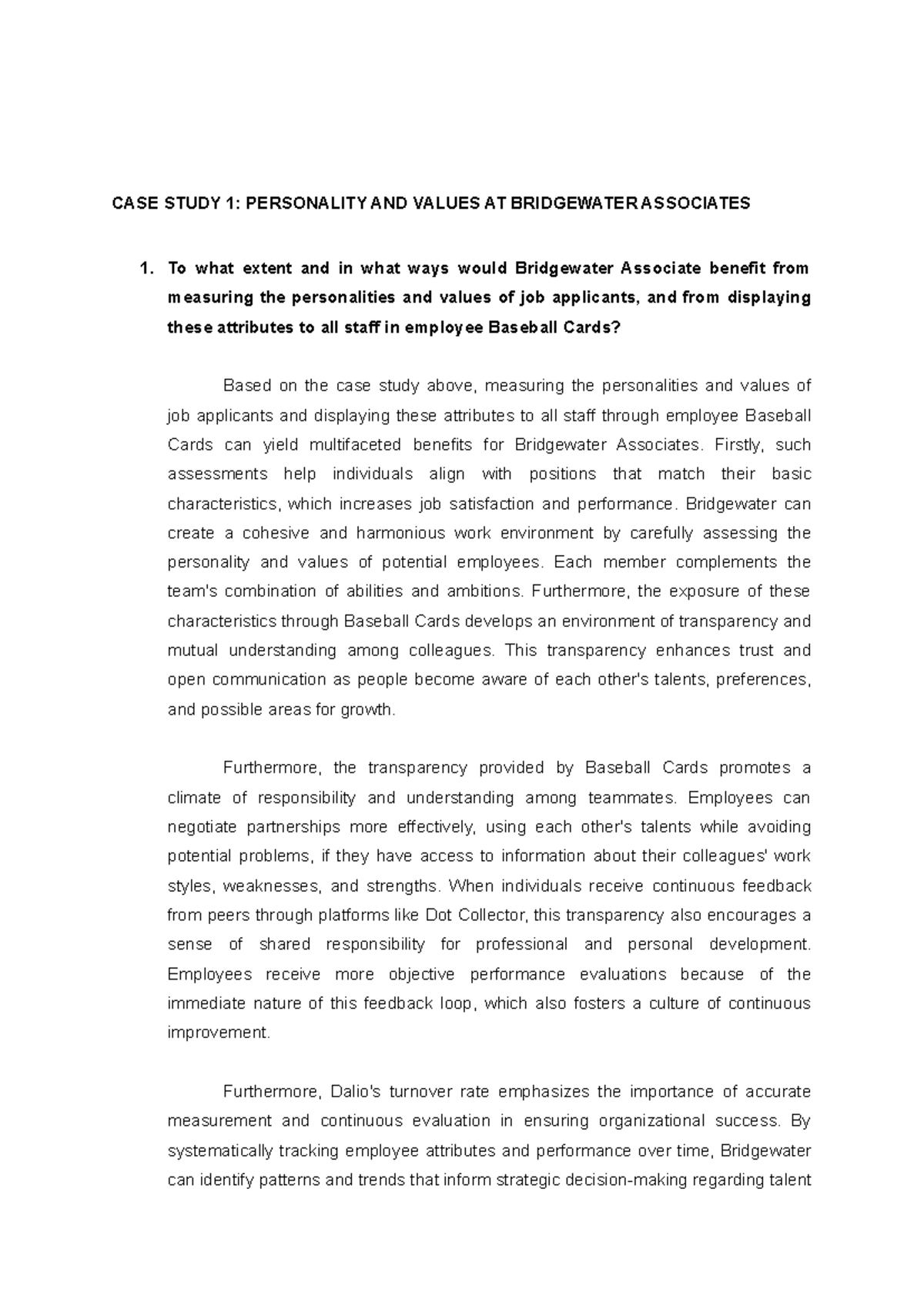 Case stidy - reference - CASE STUDY 1: PERSONALITY AND VALUES AT ...