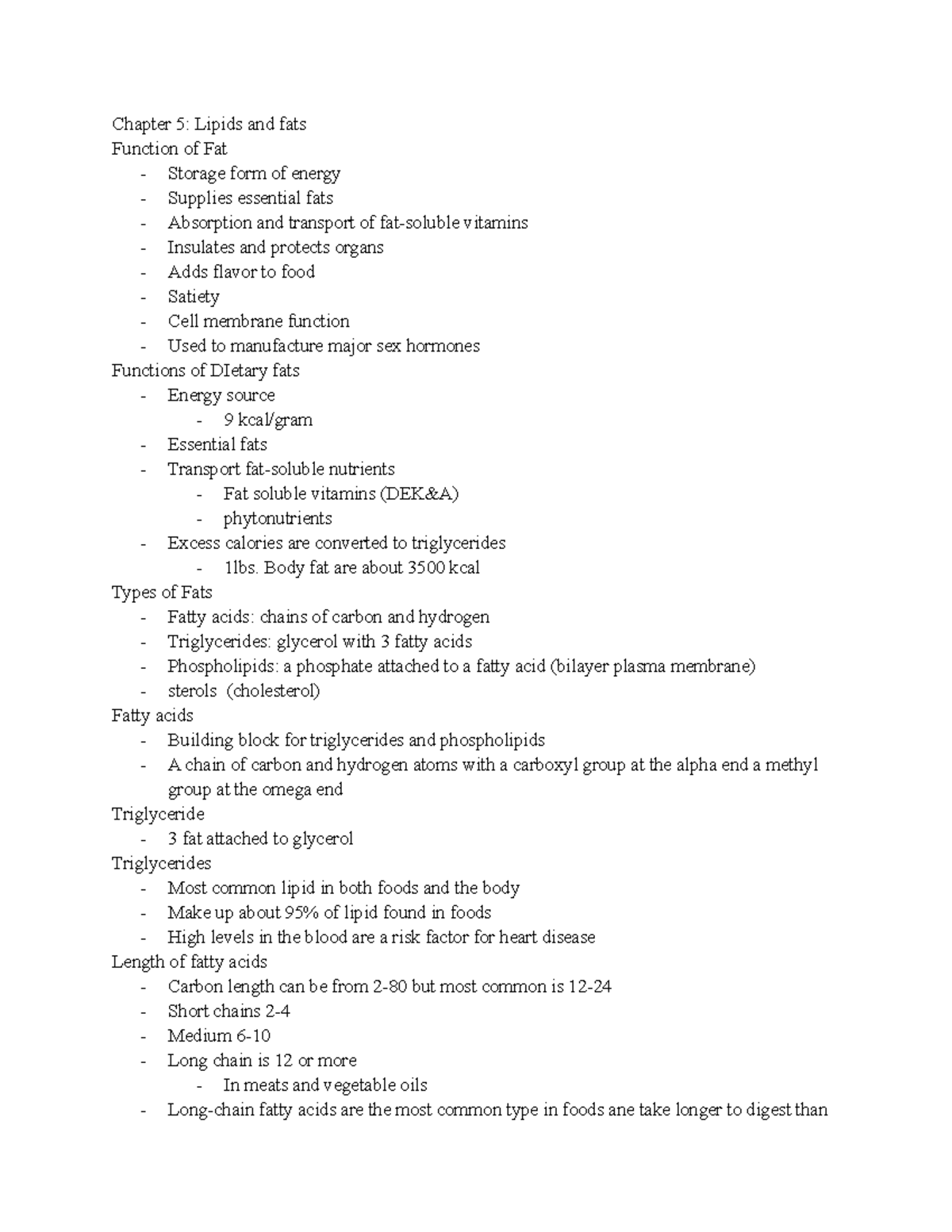 Nutrition Ch. 5 - Chapter 5 - Chapter 5: Lipids and fats Function of ...