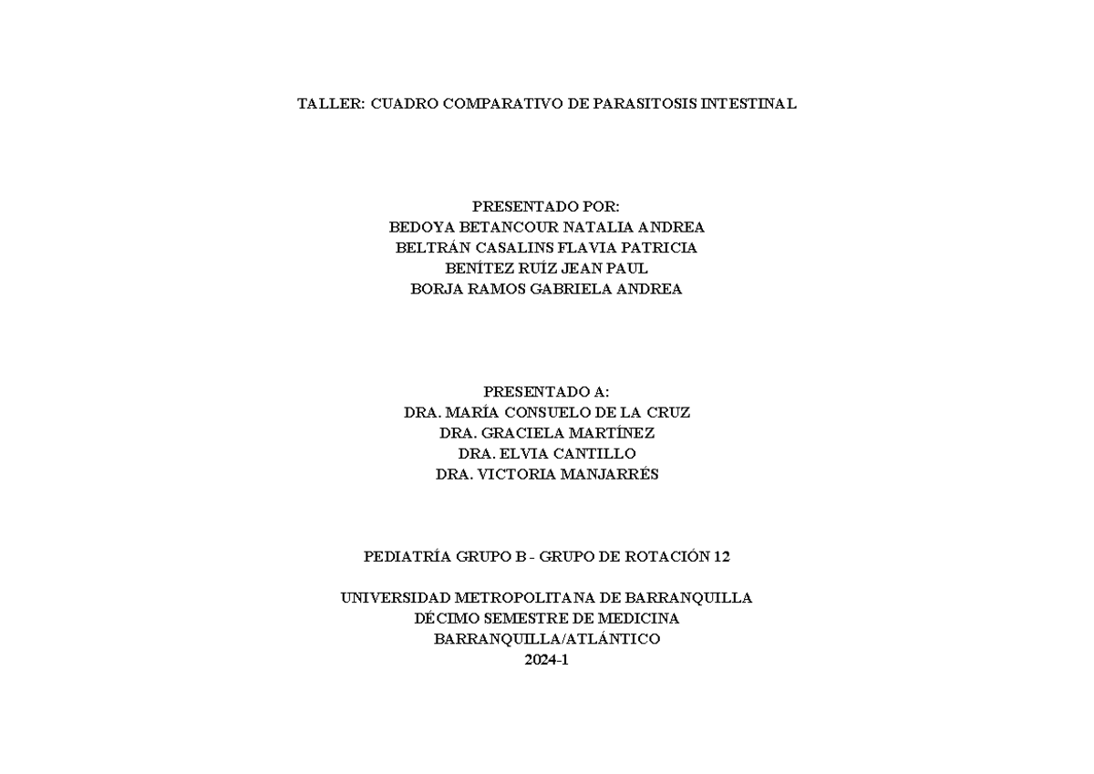Parásitos - Cuadro comparativo sobre la parasitosis intestinal en el ...