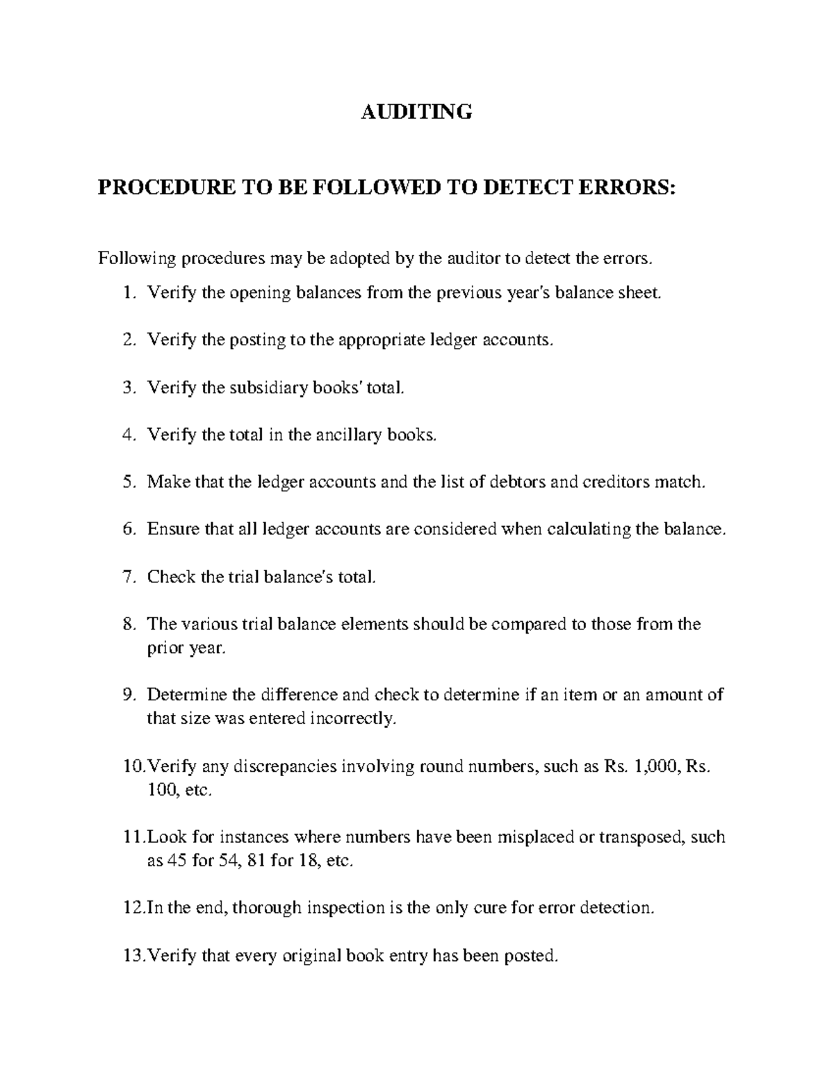 Auditing 4 - AUDITING PROCEDURE TO BE FOLLOWED TO DETECT ERRORS ...