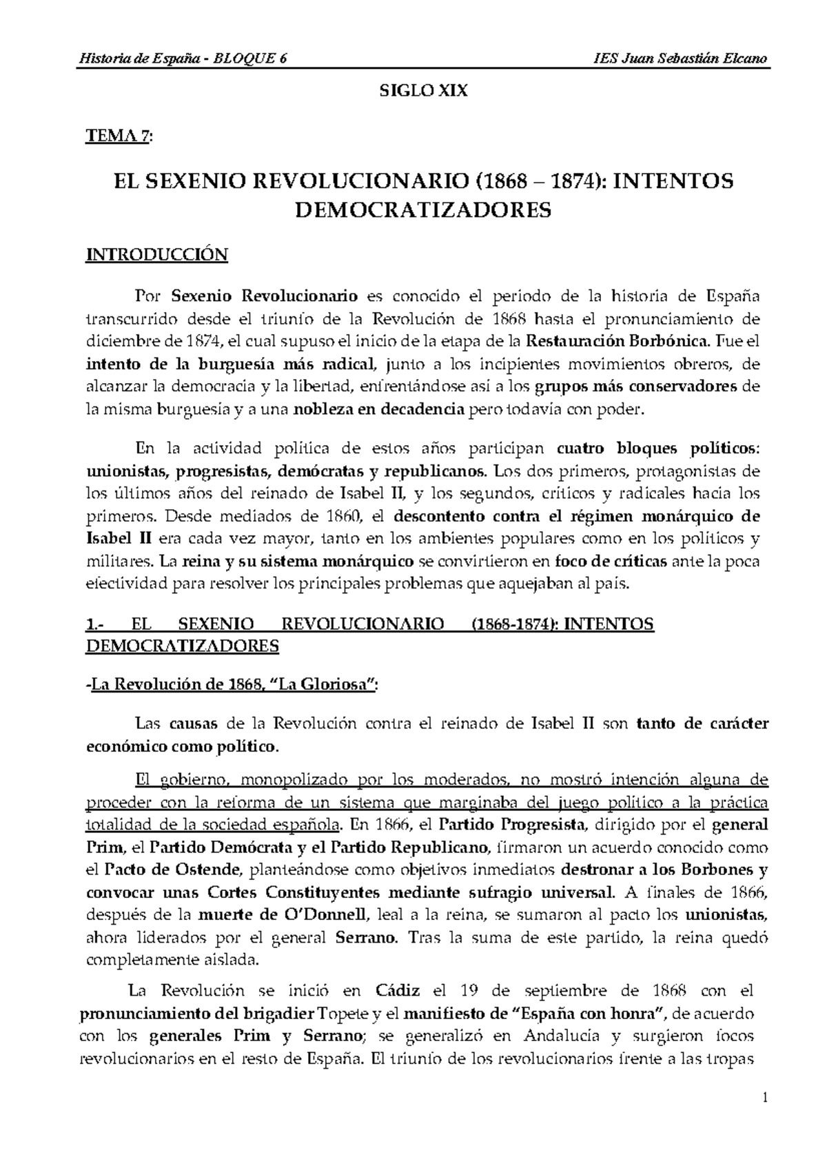 TEMA 7 - EL Sexenio Revolucionario, Intentos Democratizadores - SIGLO XIX TEMA 7 : EL SEXENIO ...