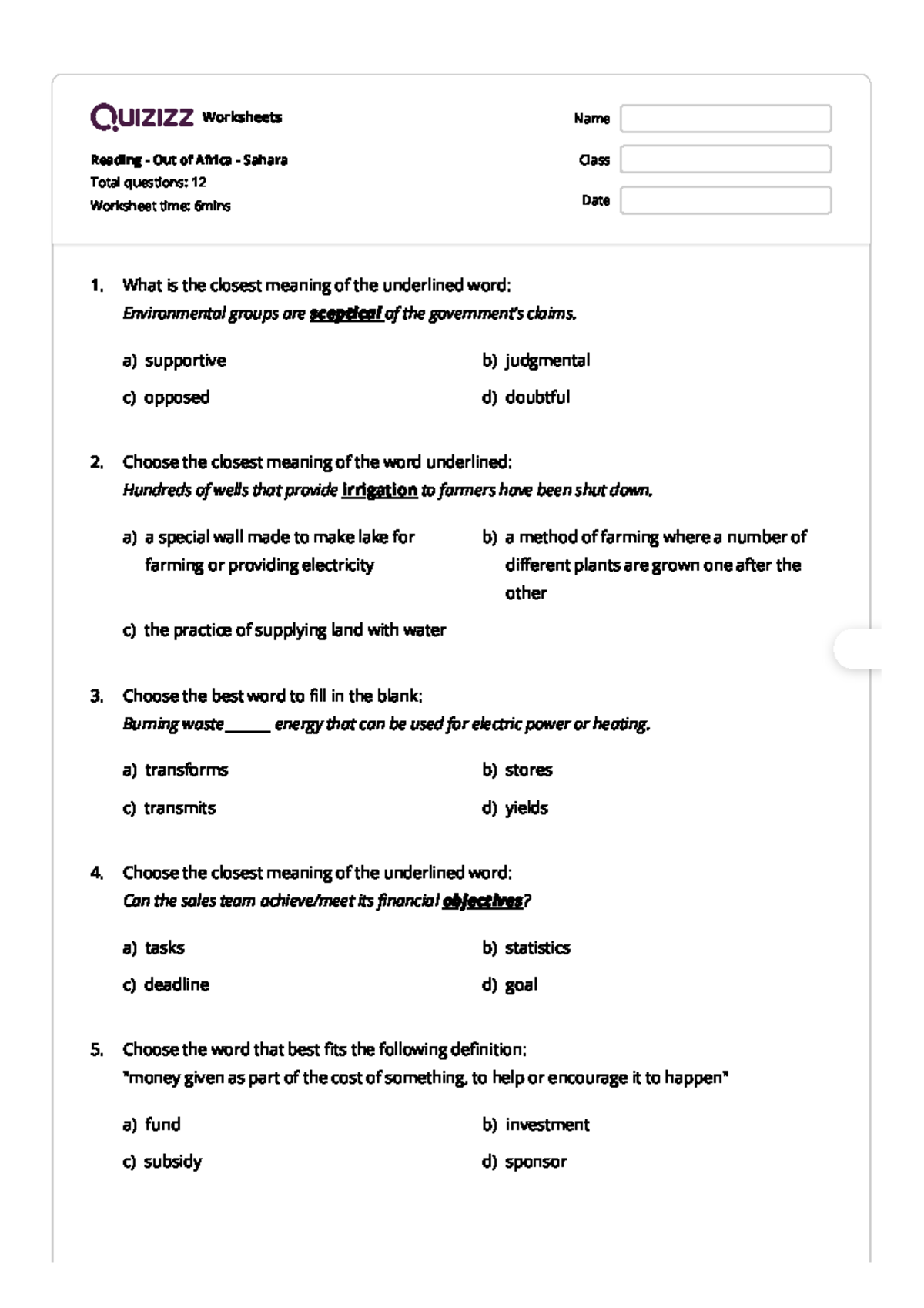 Reading - Out of Africa - Sahara Quizizz - Worksheets Reading - Out of ...