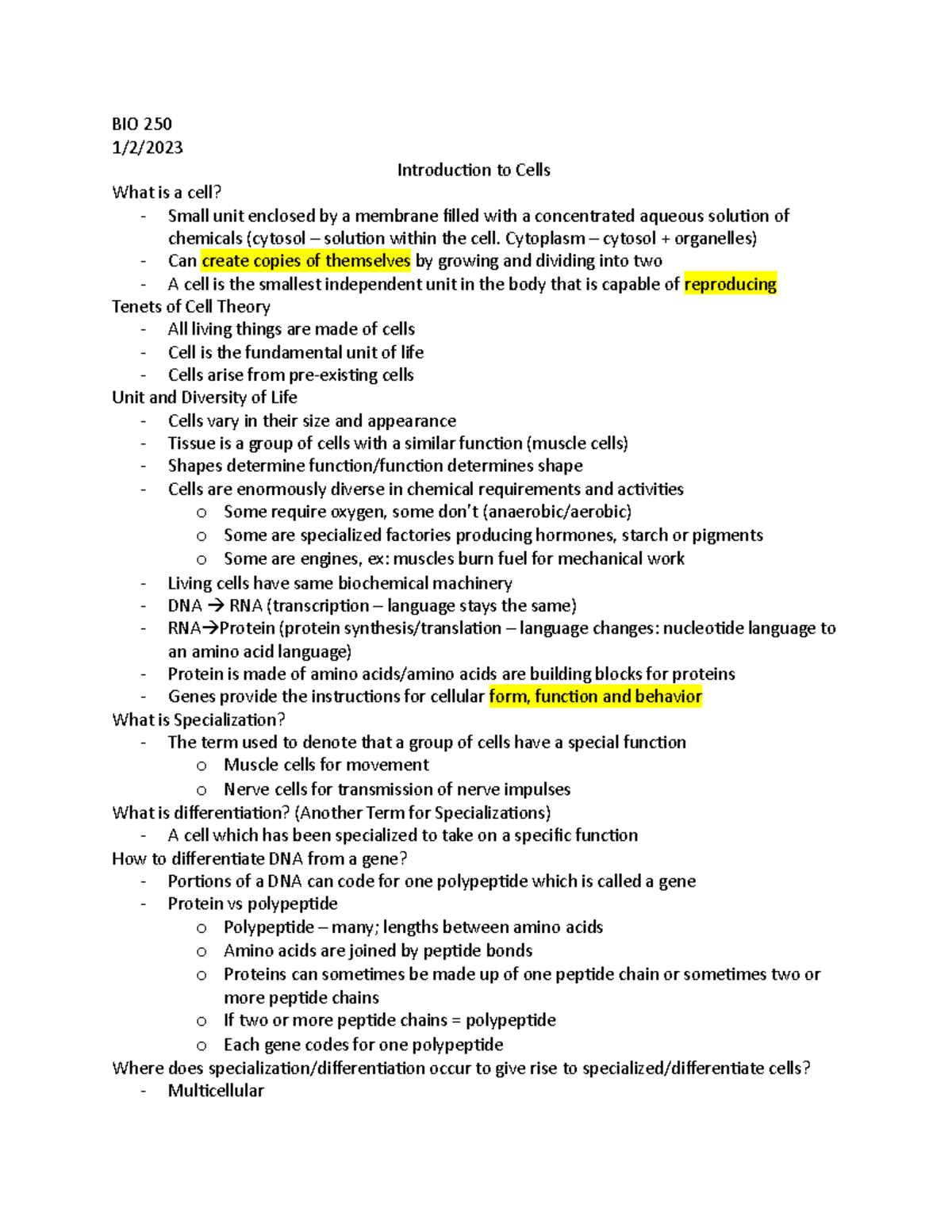 Introduction to Cells - In class notes - BIO 250 1/2/ Introduction to ...