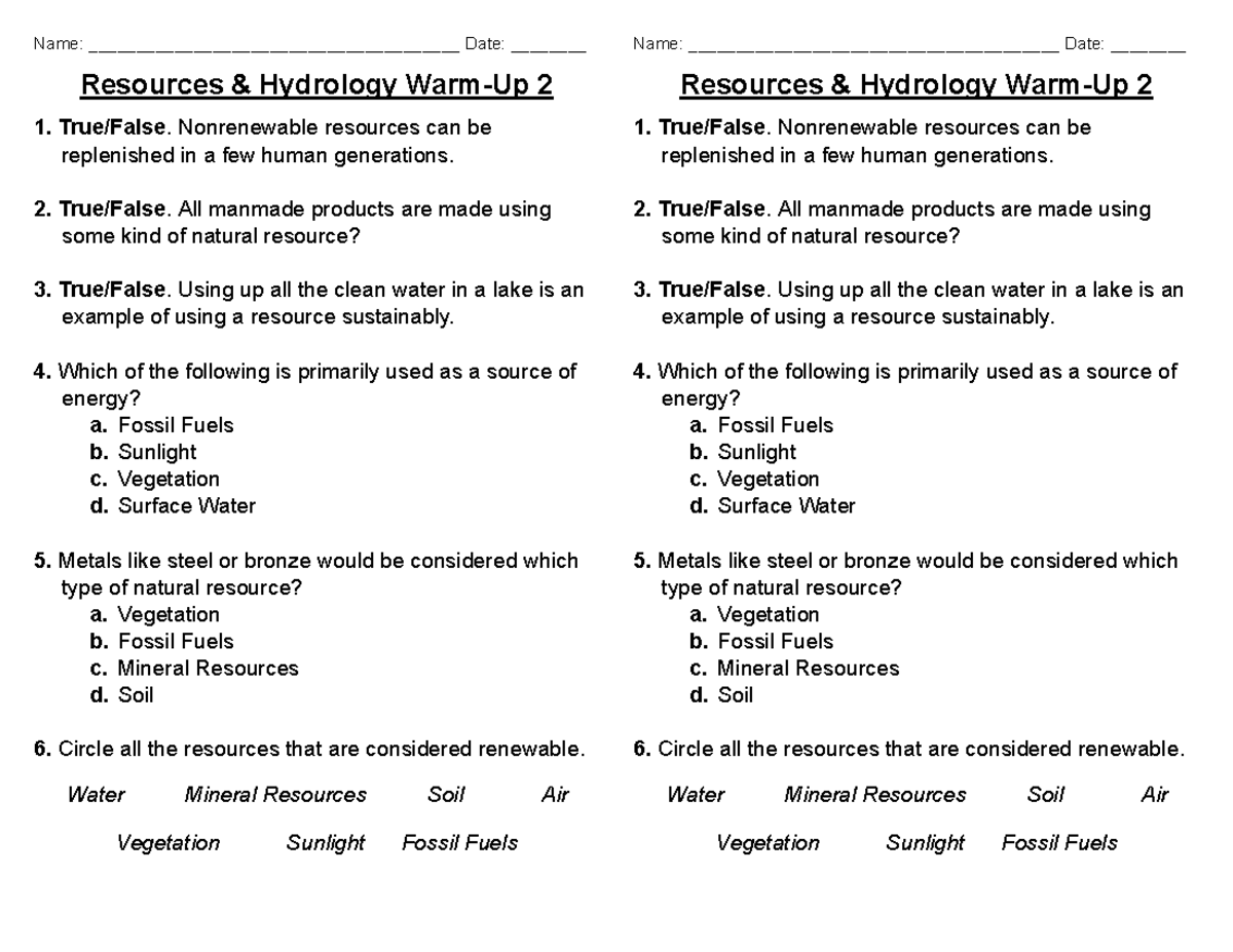 Resources Warm-Up 2 - rvgecg egvwe - Name ...