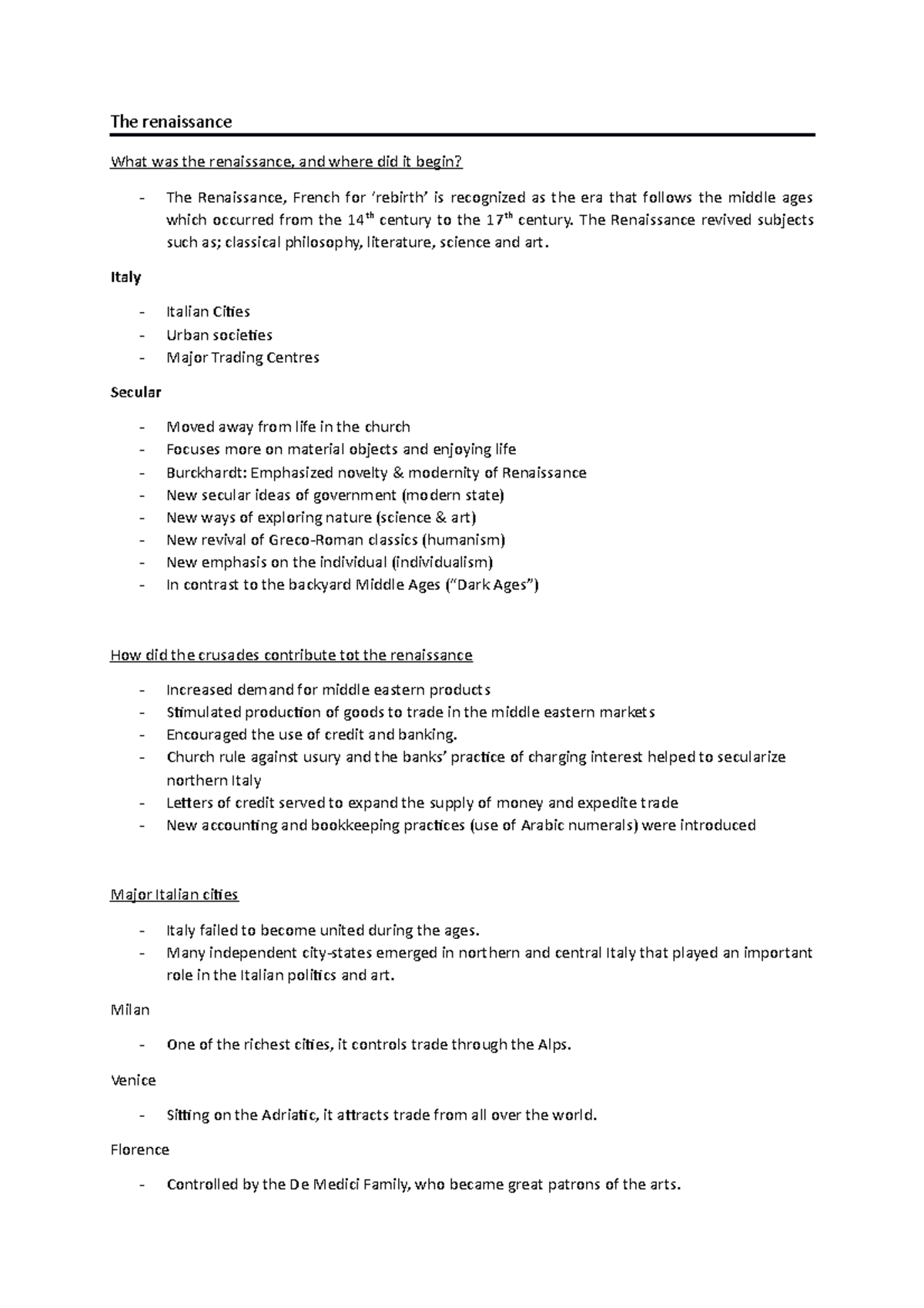 The renaissance Notes - The renaissance What was the renaissance, and ...