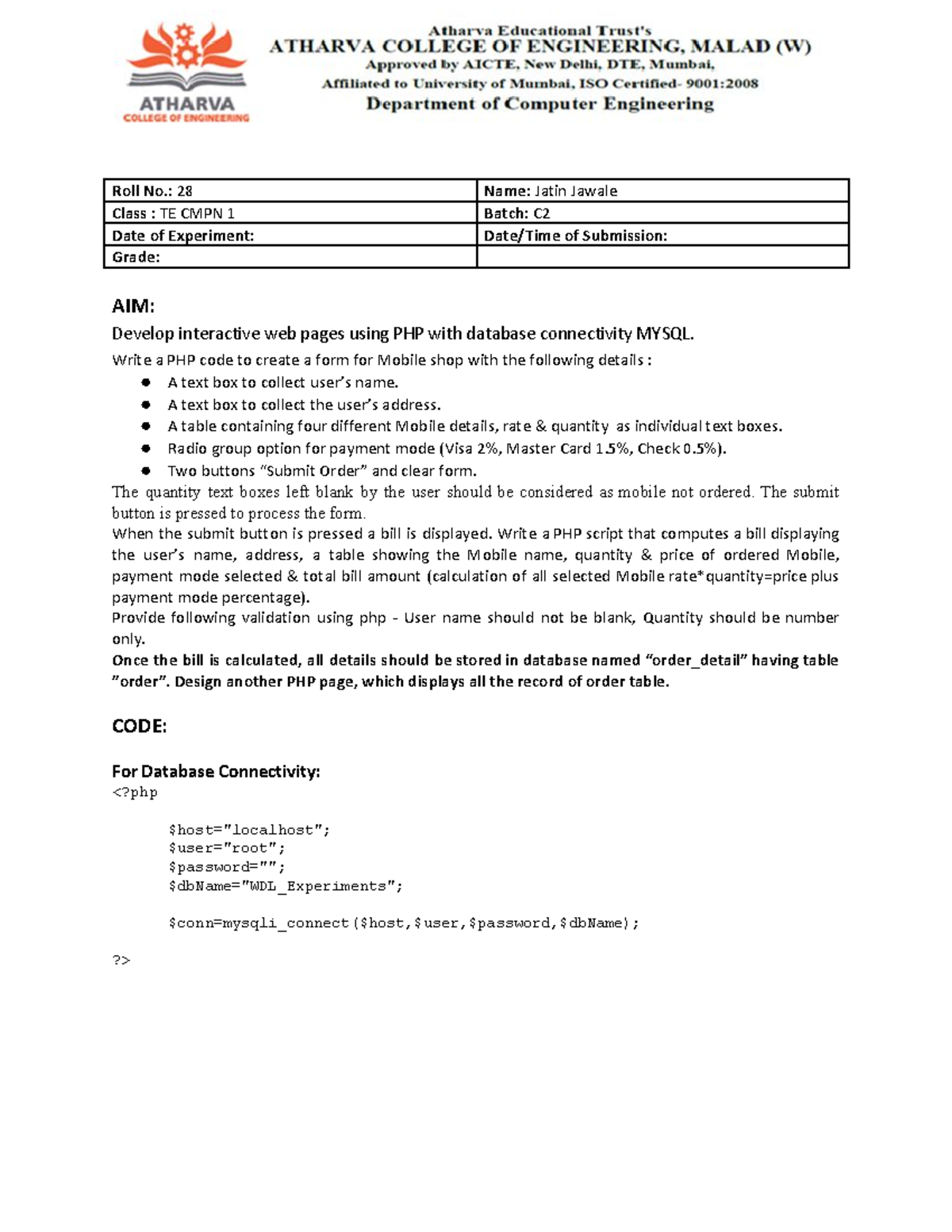 Interactive pages in PHP with Database connectivity - Roll 28 Class TE ...