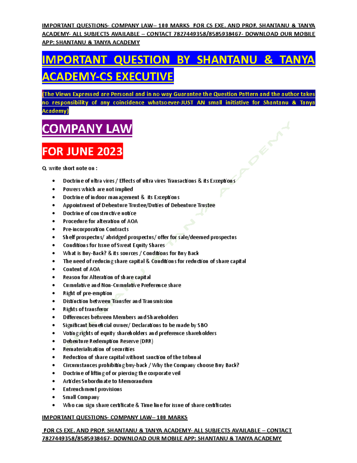 Company LAW JUNE 2023 IMP QUES - ACADEMY- ALL SUBJECTS AVAILABLE – CONTACT 7827449358/ ...
