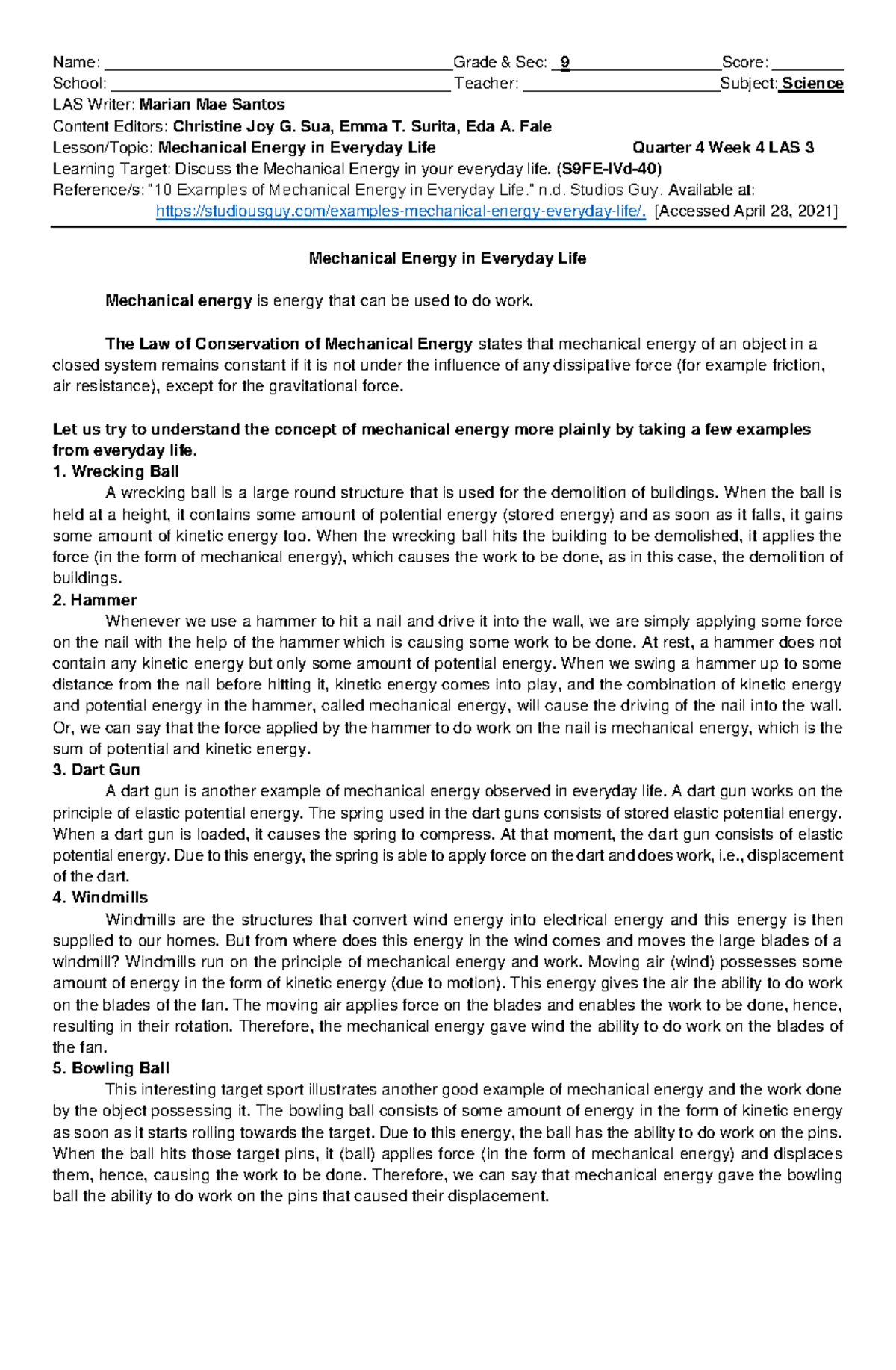 Science 9 Quarter 4 W4 LAS 3 - Name ...