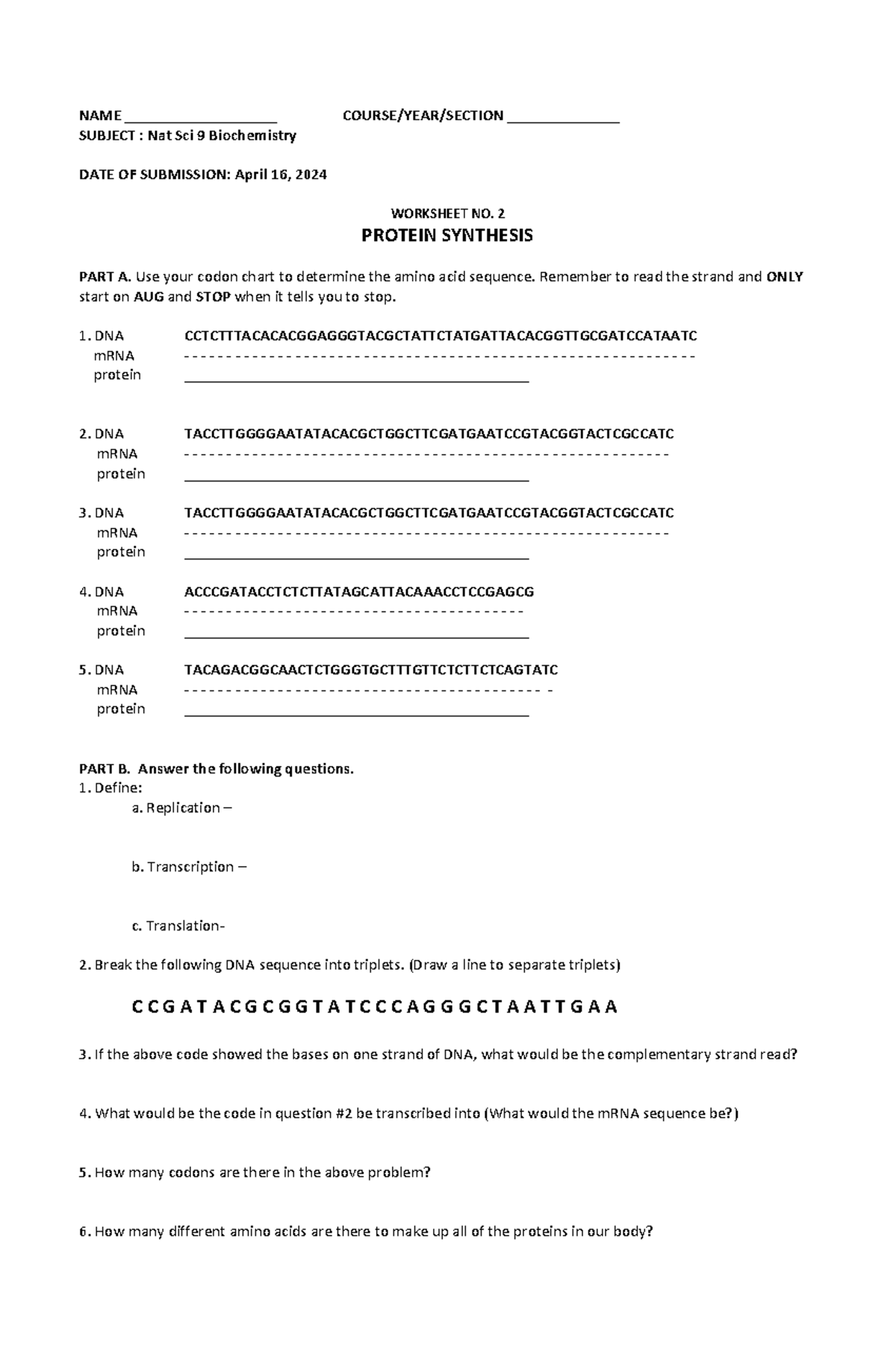 Worksheet #2-Protein Synthesis - 2024 - NAME ___________________ COURSE ...