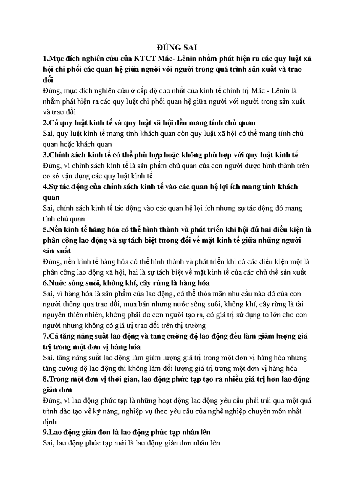 Đúng sai và btap KTCT - tài liệu - ĐÚNG SAI 1ục đích nghiên cứu của KTCT Mác- Lênin nhằm phát ...