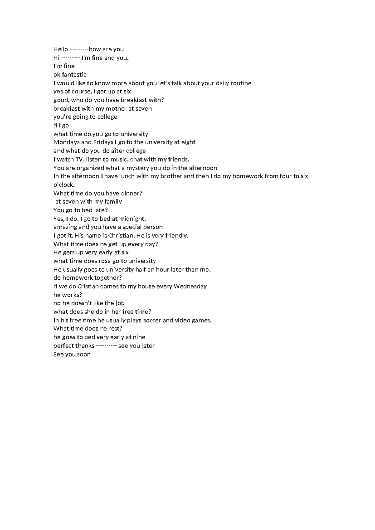 Semana 13- task 13 . my daily routine-couple dialogue - Hello -how are ...